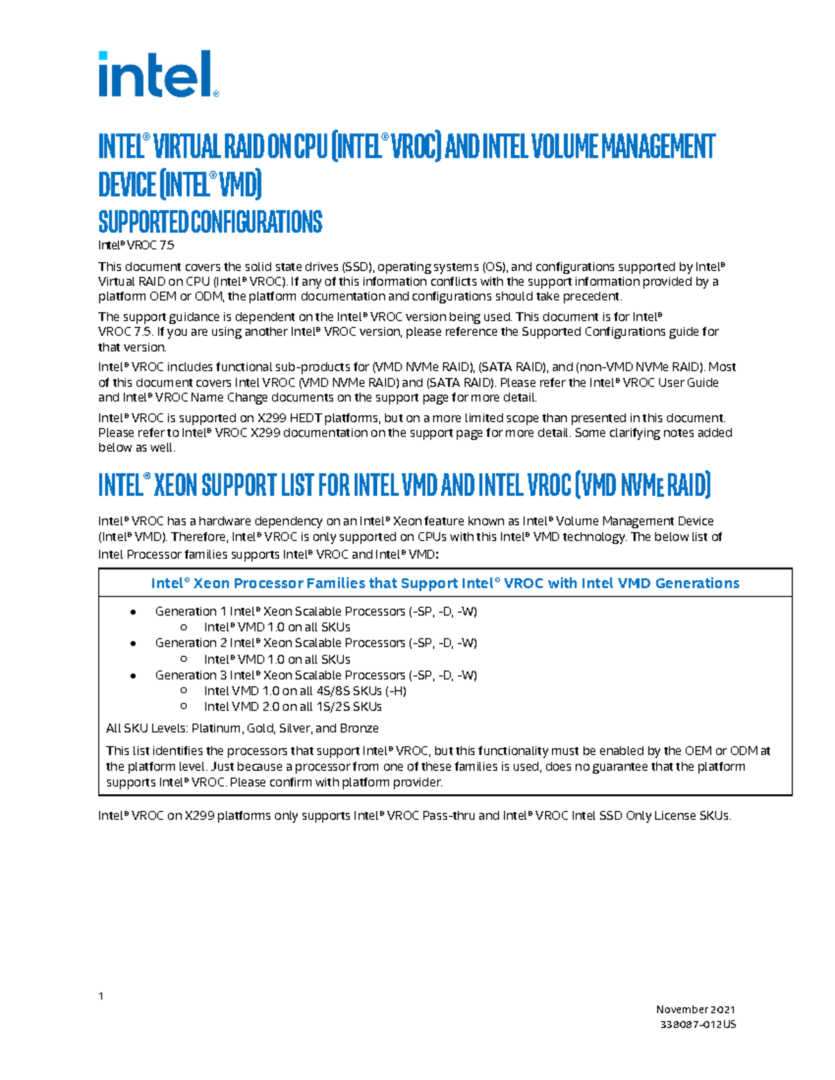 Intel VROC Supported Configs 7 5 - 1 November 2021 INTEL® VIRTUAL RAID ...