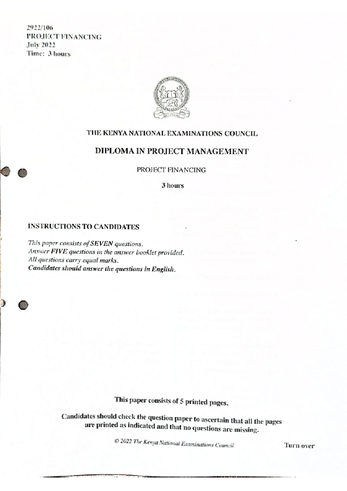 Project financing knec pastpapers - Diploma in business management ...