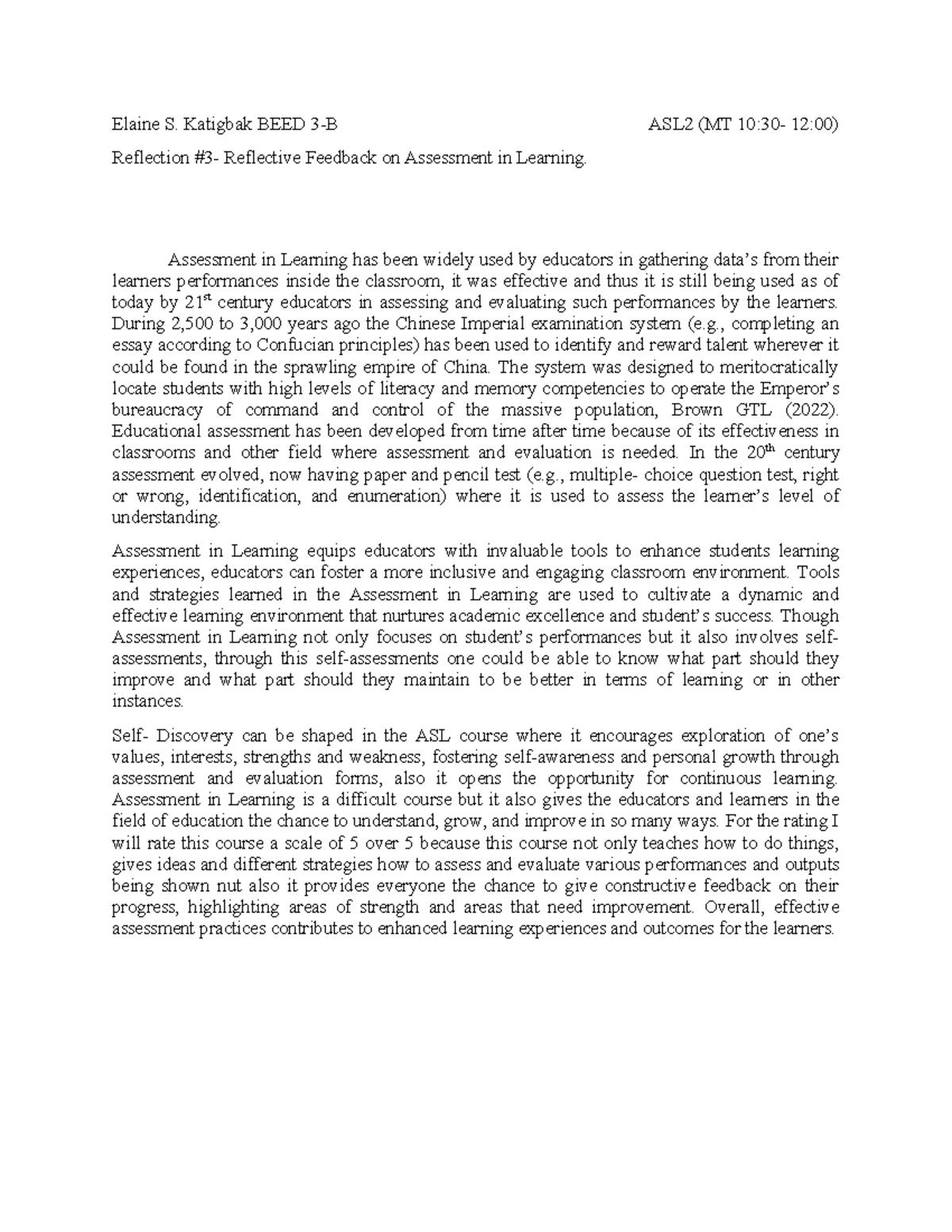 ASL#3 - essay - Elaine S. Katigbak BEED 3-B ASL2 (MT 10:30- 12:00 ...