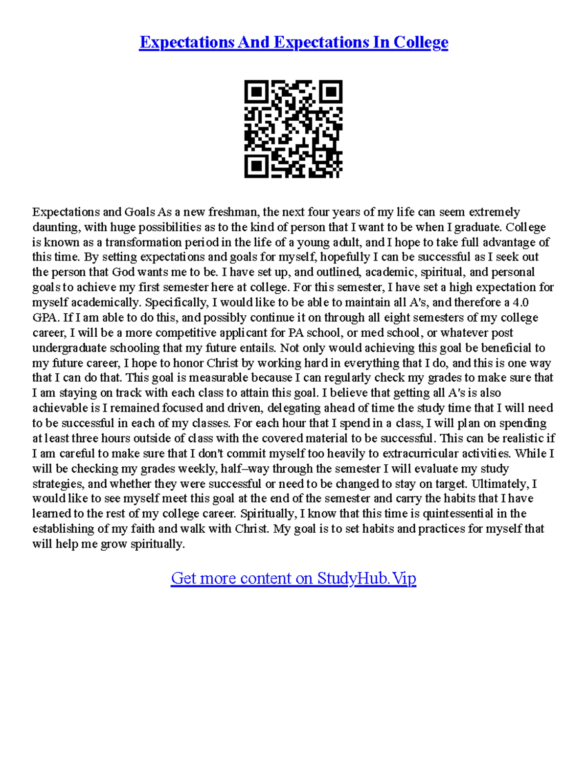 College Essay Sample - Expectations And Expectations In College ...