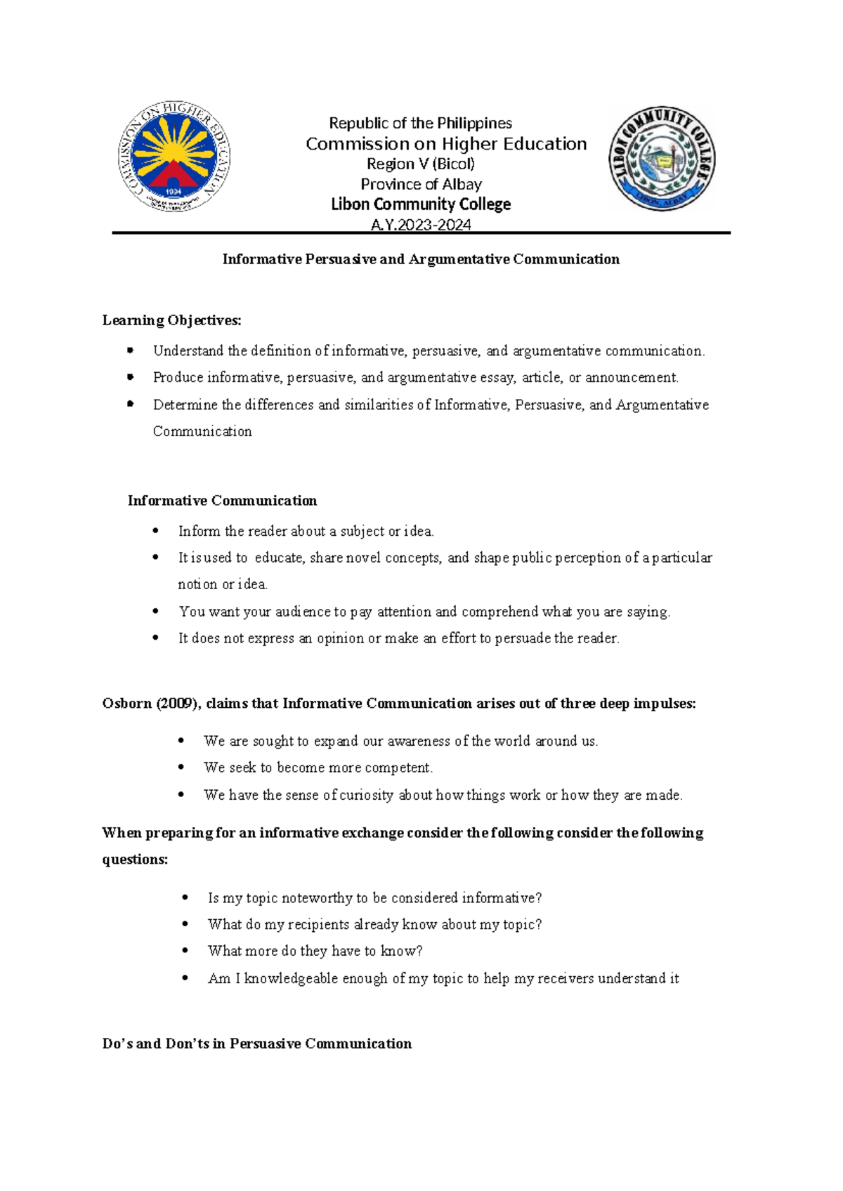 Handouts Chapter 3 L1 Purposive Communication - Informative Persuasive ...