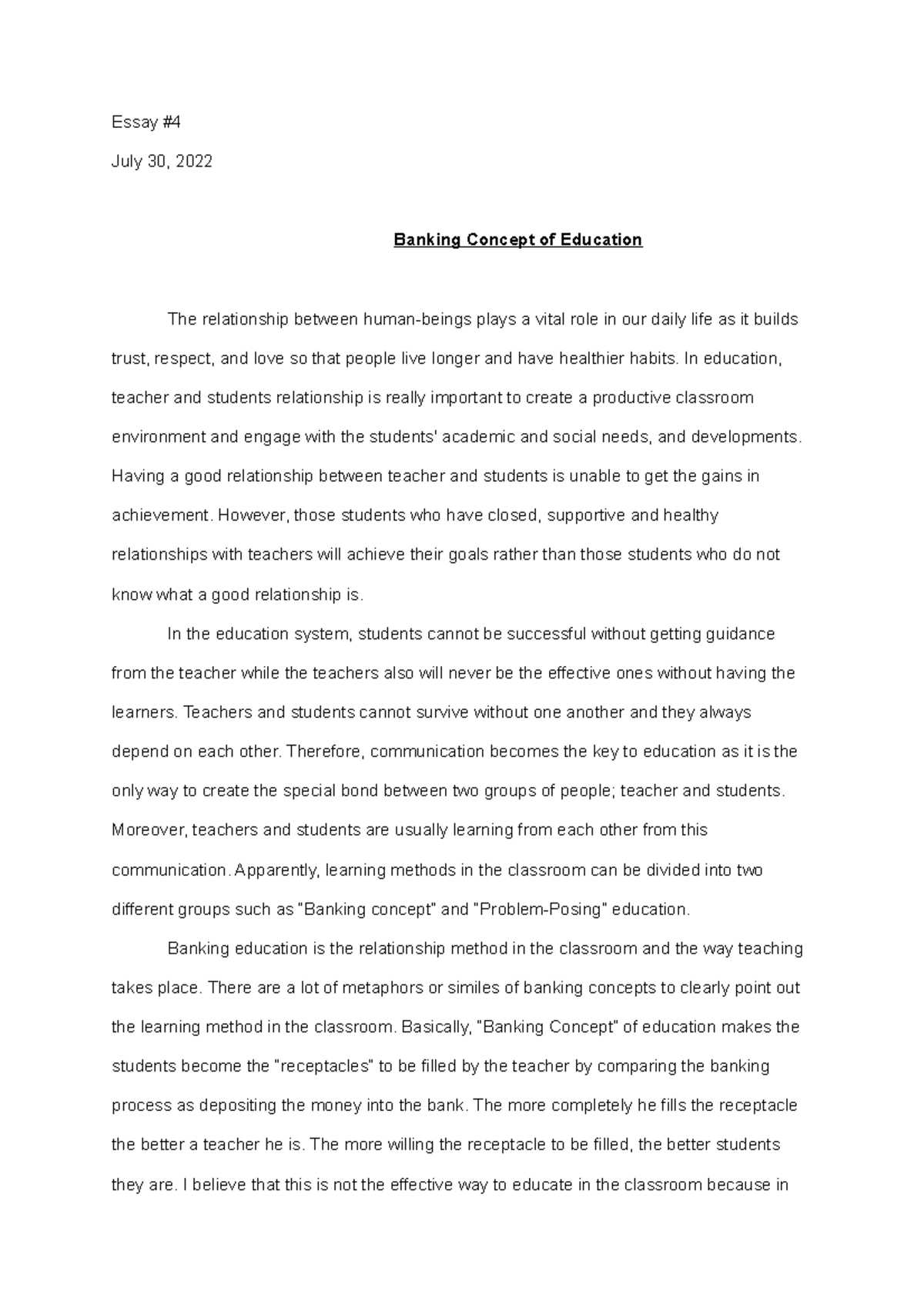 Banking concept of education - Essay # July 30, 2022 Banking Concept of ...