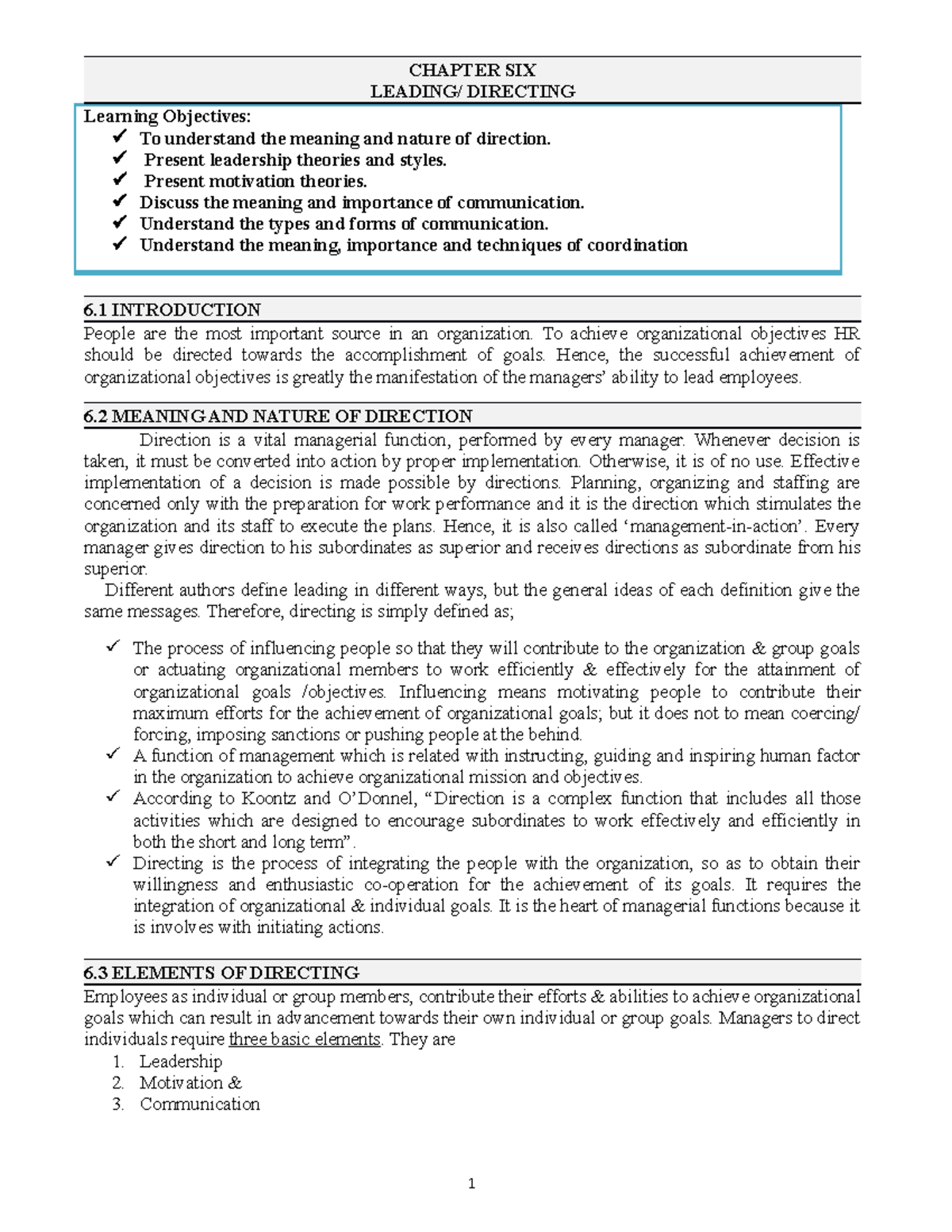 Leading - mgt note - CHAPTER SIX LEADING/ DIRECTING Learning Objectives: To understand the ...