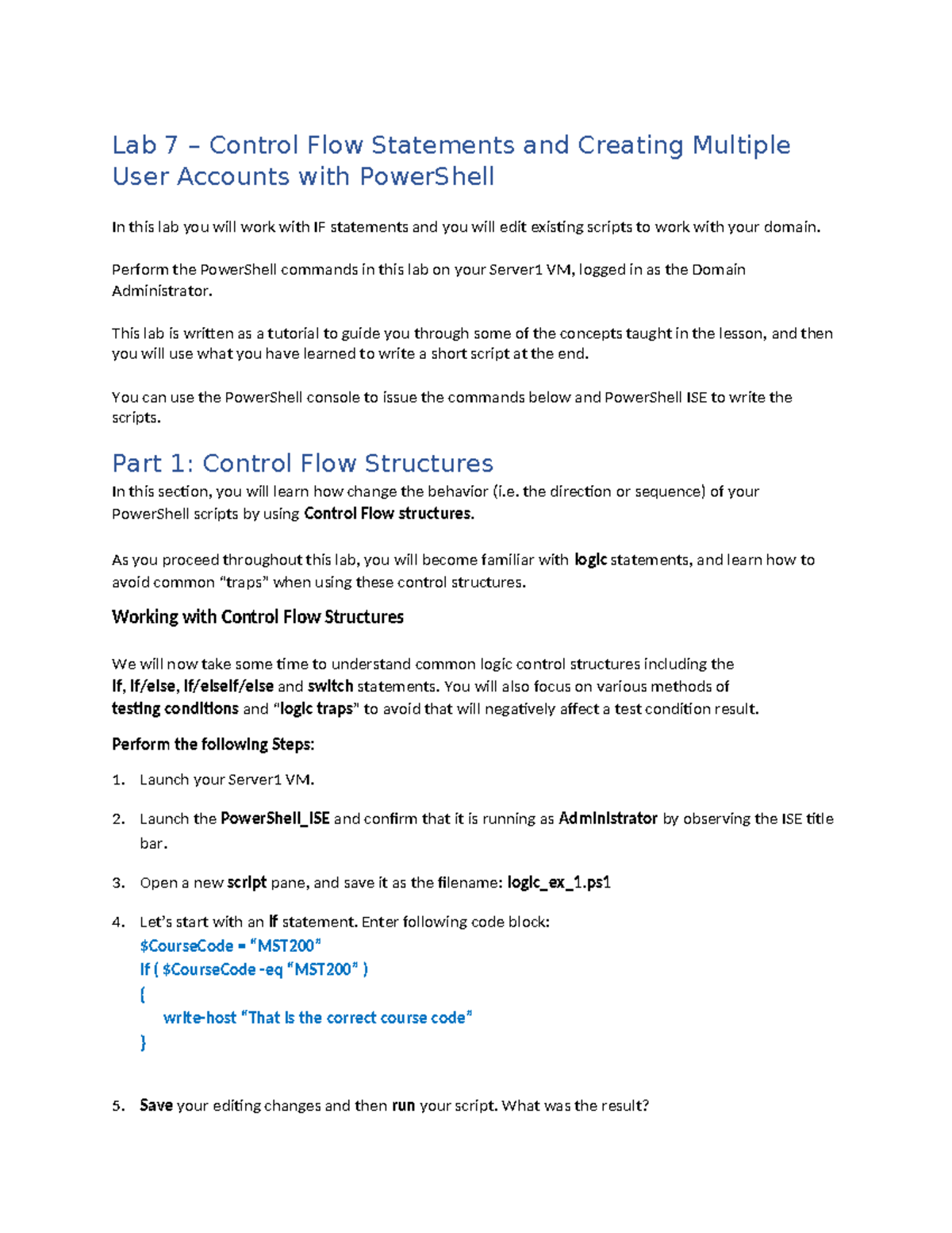 Lab 7 - Creating Users with PS - Lab 7 – Control Flow Statements and Creating Multiple User ...