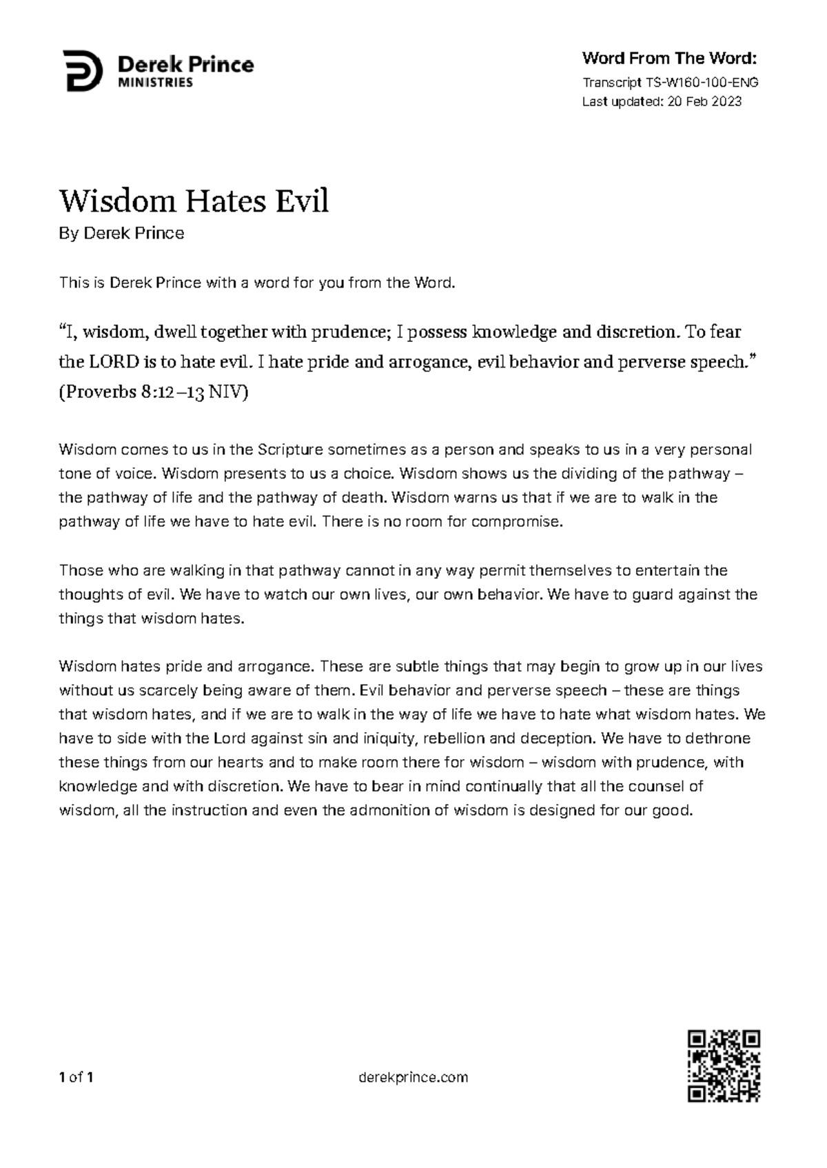 TS-W160-100-ENG Wisdom Hates Evil - Word From The Word: Transcript ...