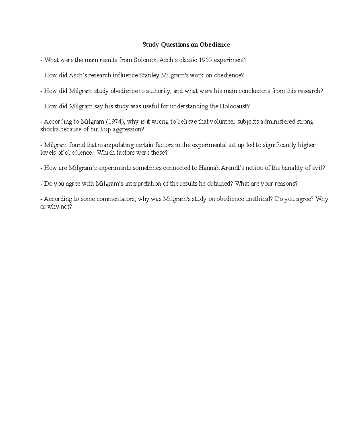 Study Questions on Obedience - Hh/Nurs 4150 - Yorku - Studocu