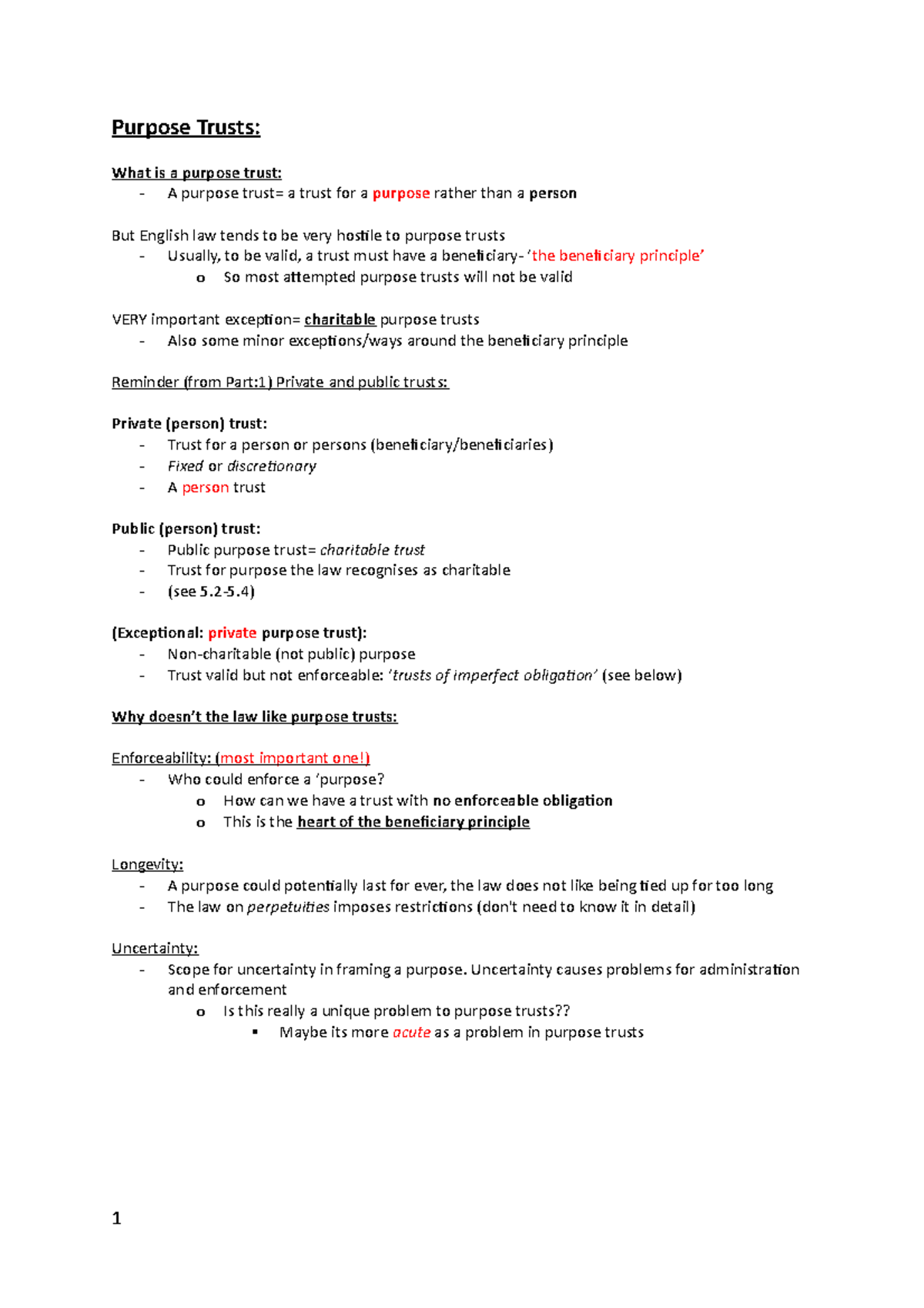 Seminar 8 Purpose Trusts Notes - Purpose Trusts: What is a purpose ...