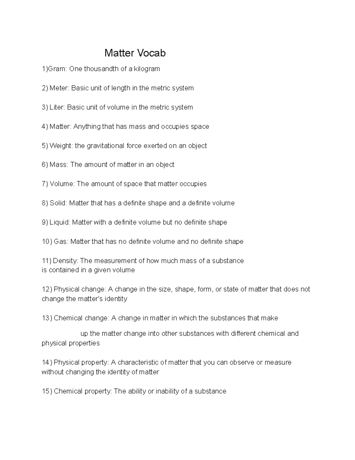 Matter Vocabulary - Matter Vocab 1)Gram: One thousandth of a kilogram 2 ...