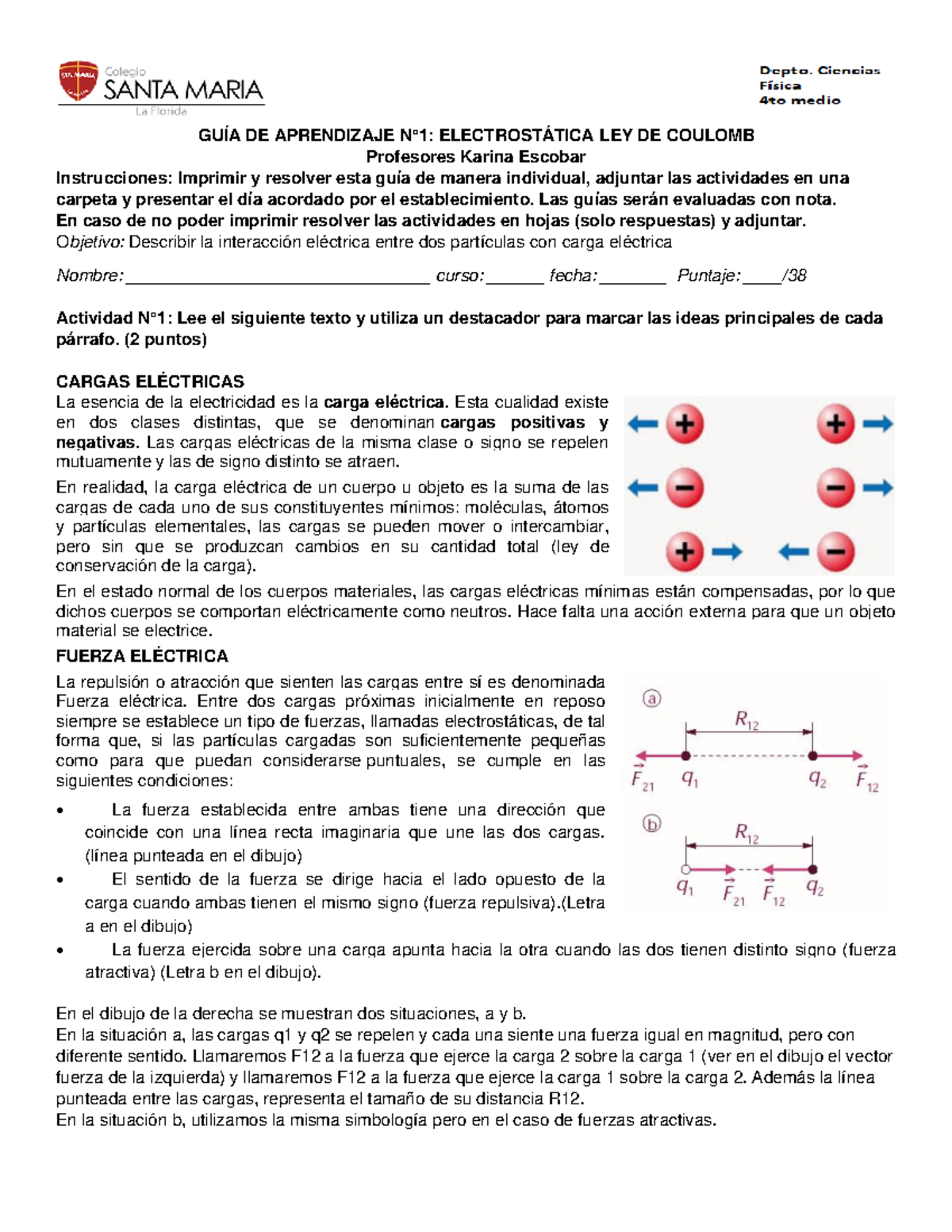 4° Medio Fisica GUIA 1 - CVXF - GUÍA DE APRENDIZAJE N°1: ELECTROSTÁTICA ...