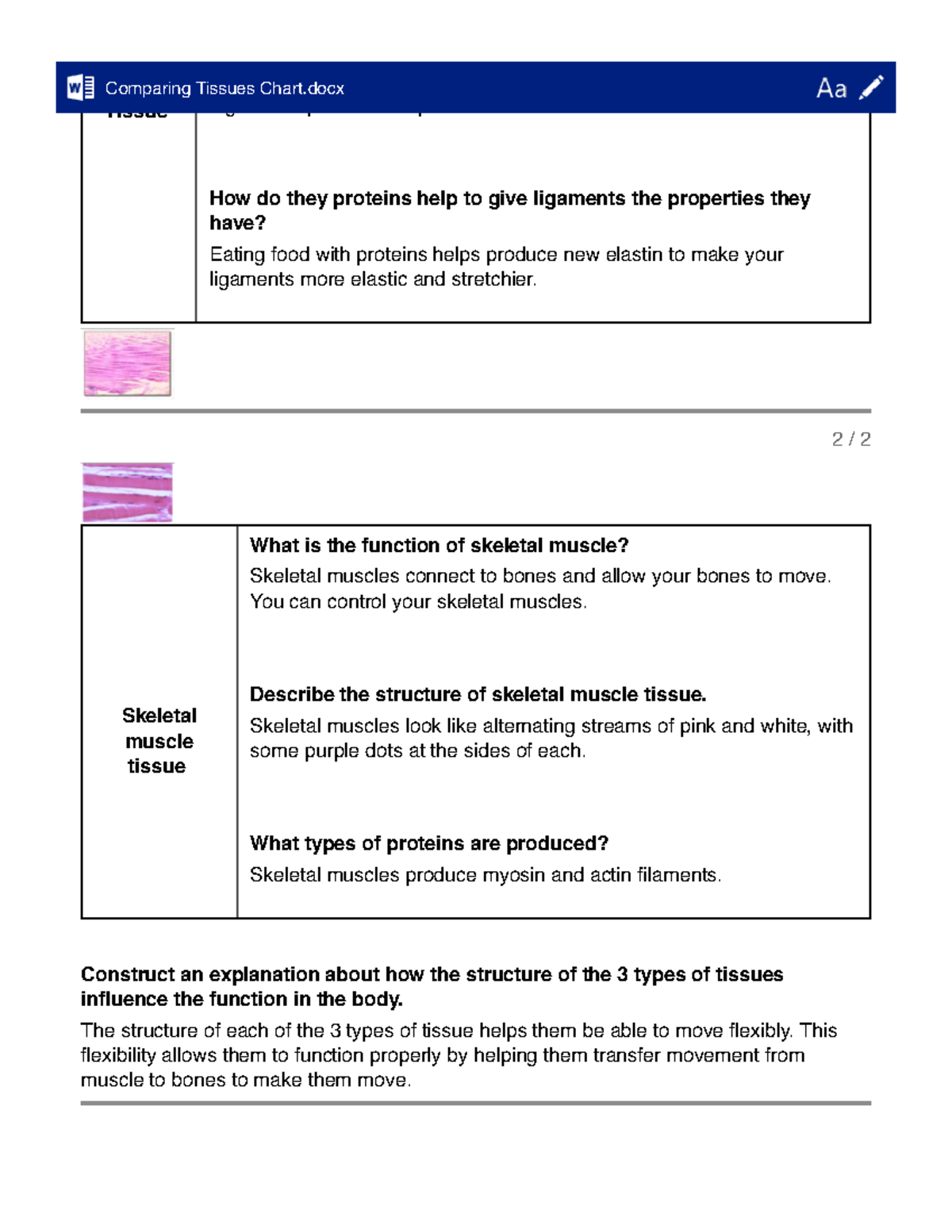 Comparing Tissues Chart - Construct an explanation about how the ...