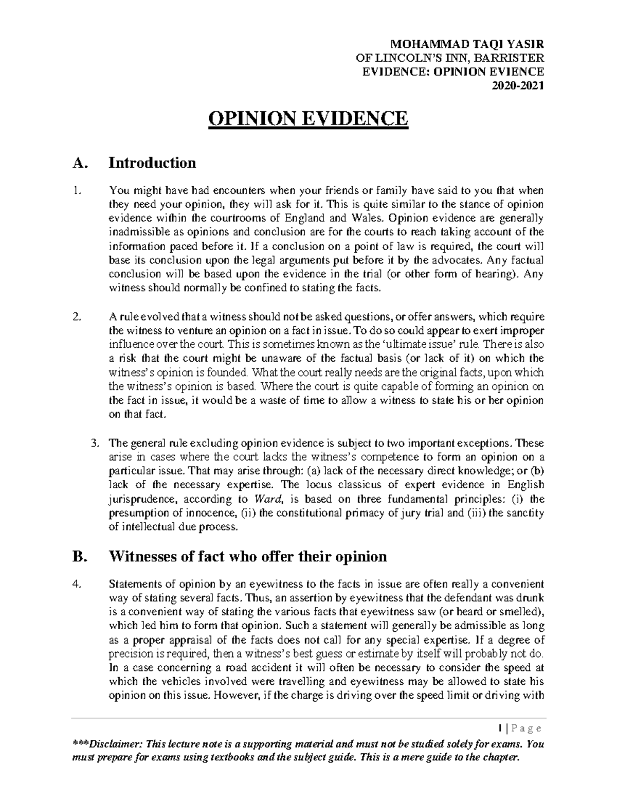 Evidence Opinion Evidence 2020-2021 MTY - OF LINCOLN’S INN, BARRISTER ...