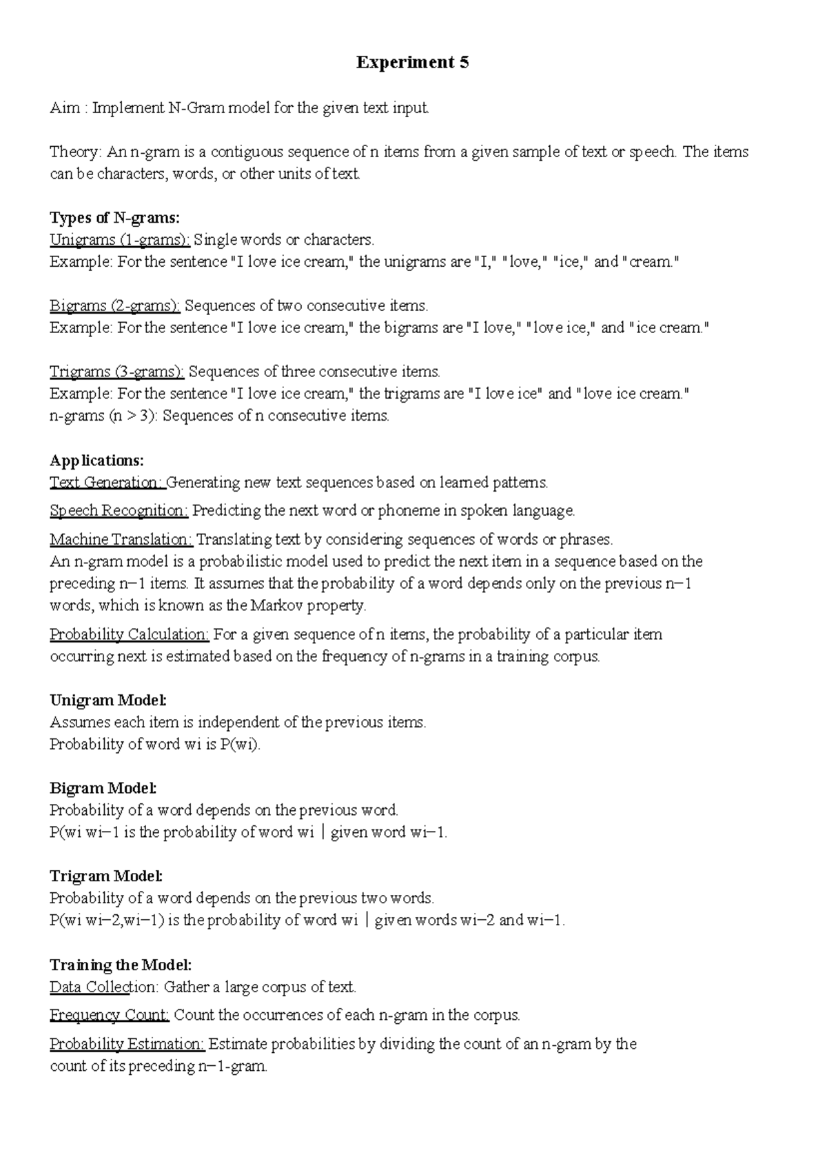 Experiment 56 Experiment 5 Aim Implement N Gram Model For The Given Text Input Theory An