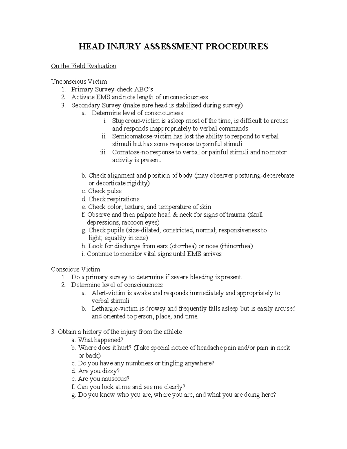 Headinjuryassessmentprocedures - HEAD INJURY ASSESSMENT PROCEDURES On ...