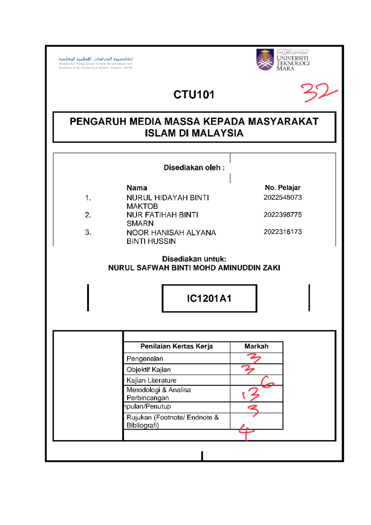 Kertas Kerja CTU101 N3IC1201A1 - diploma in microbiology - UiTM - Studocu