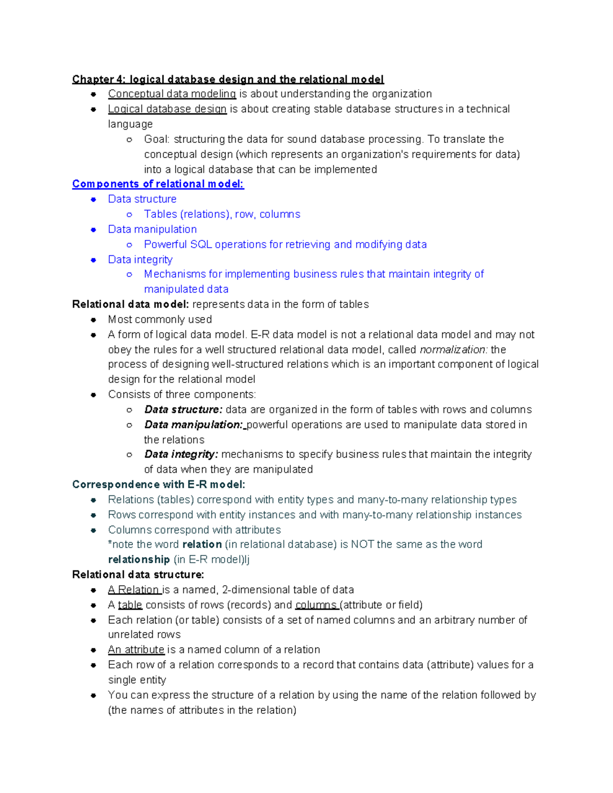 MIS Final - Summary Modern Database Management - Chapter 4: logical database design and the ...