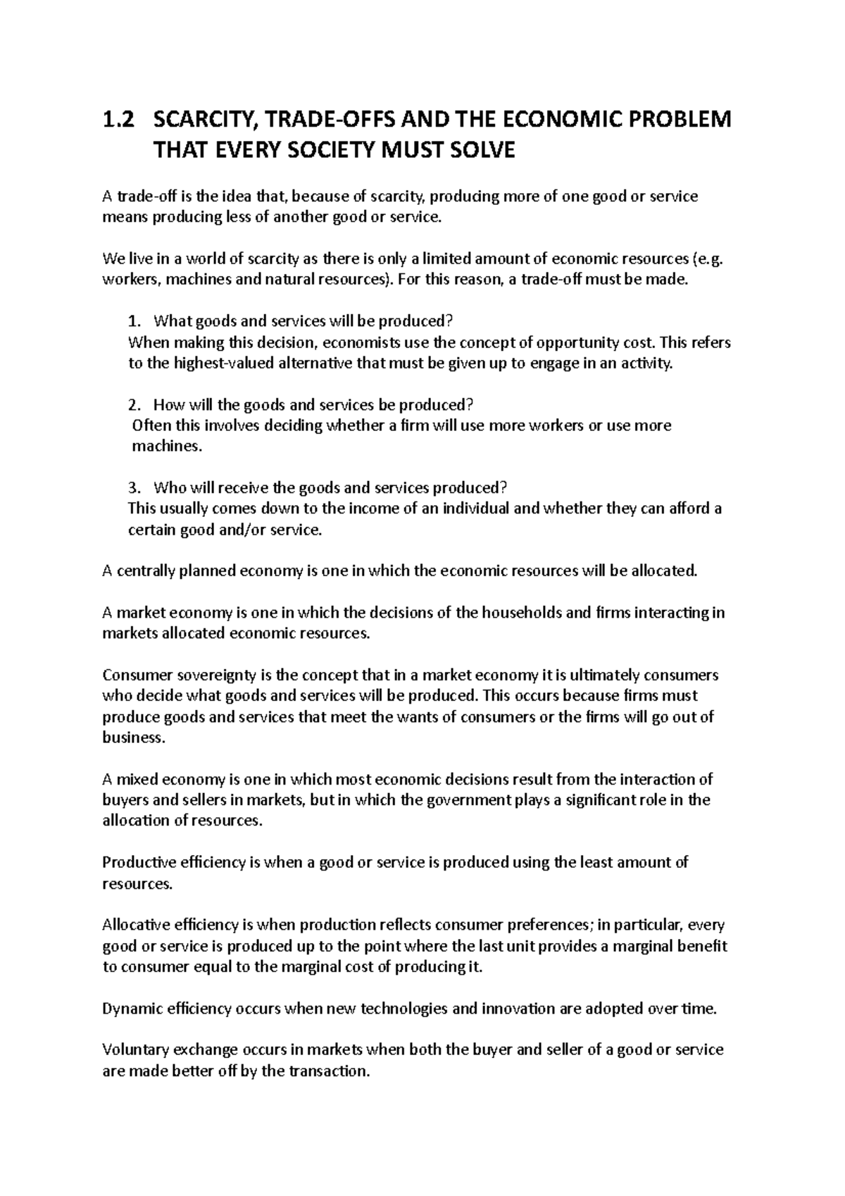 1.2 Textbook Notes - 1 SCARCITY, TRADE-OFFS AND THE ECONOMIC PROBLEM ...