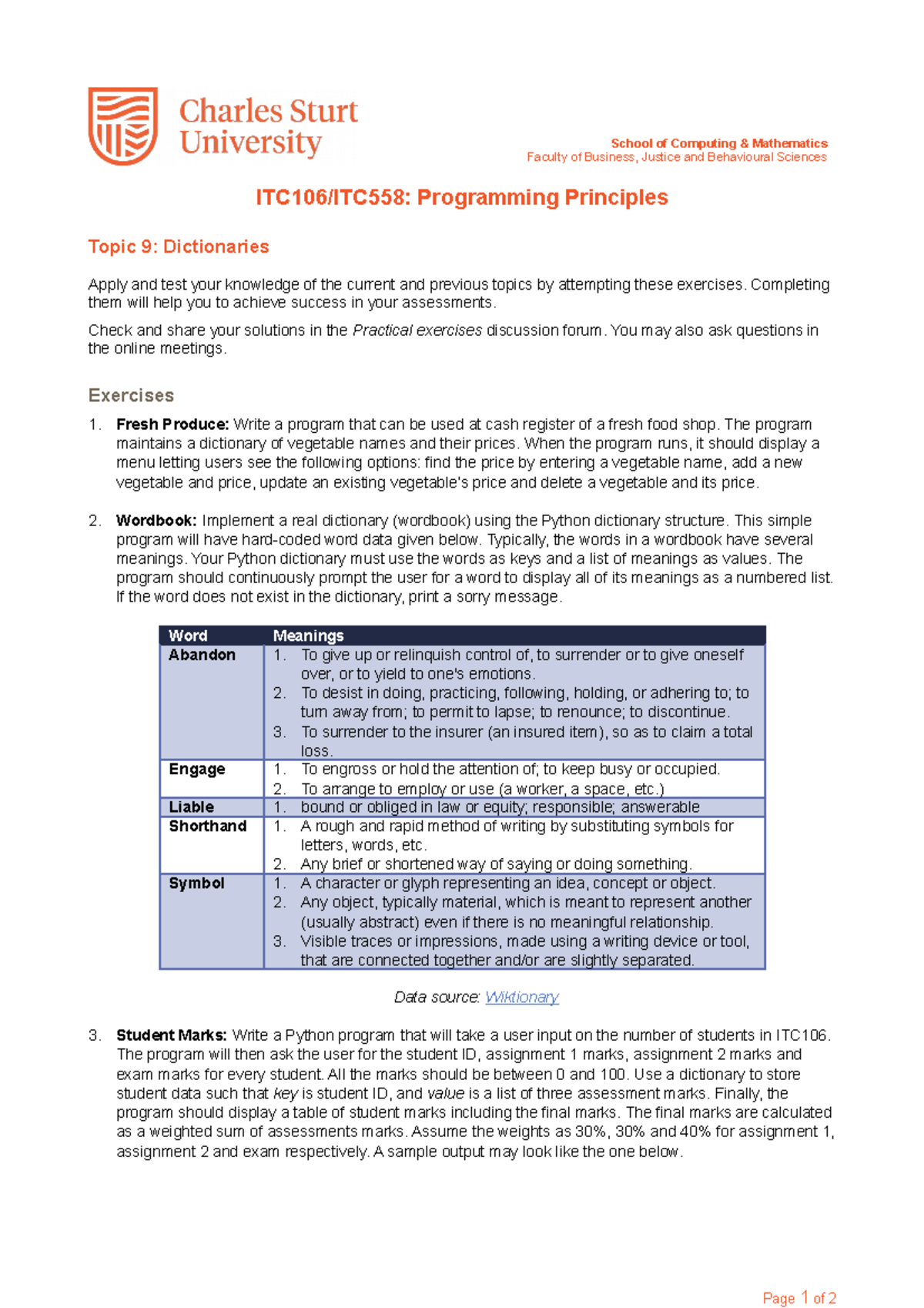 Topic 10 Practical exercises v3 - ITC106/ITC558: Programming Principles Topic 9: Dictionaries ...