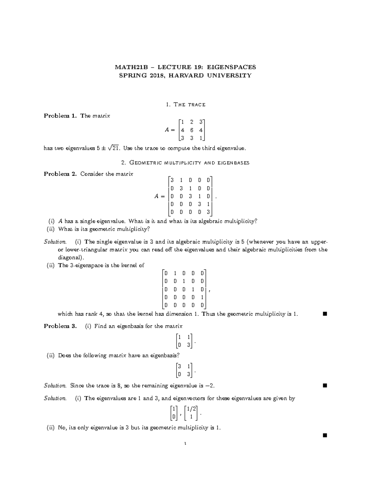 Worksheet 19 - MATH21B – LECTURE 19: EIGENSPACES SPRING 2018, HARVARD ...