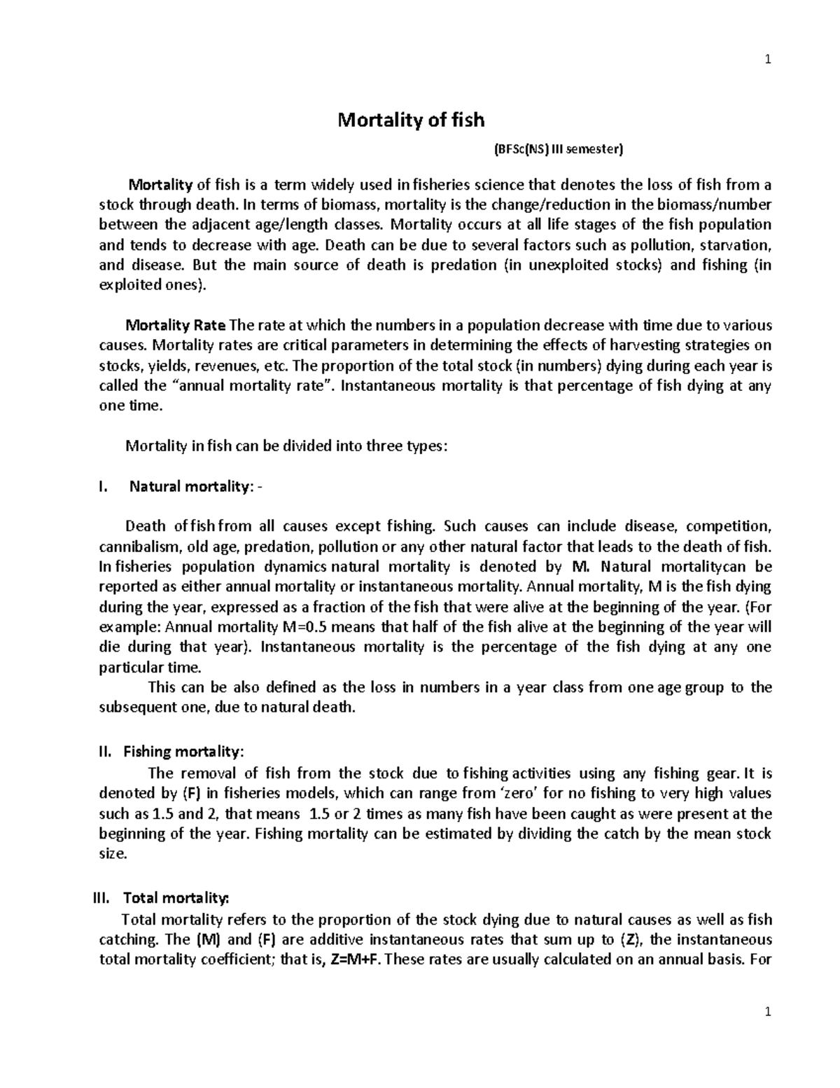 Mortality of fishes. Study about natural, fishing, and total mortality ...