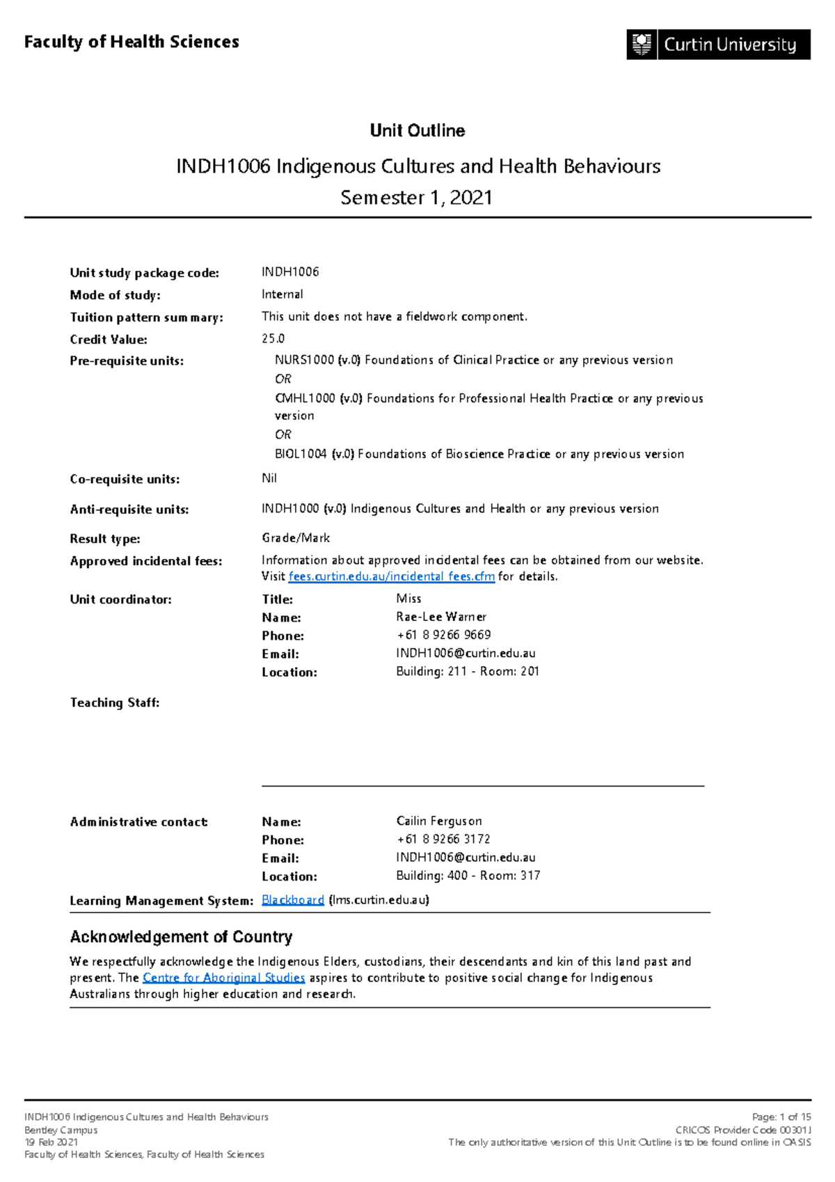 INDH1006 Indigenous Cultures and Health Behaviours Semester 1 2021 ...