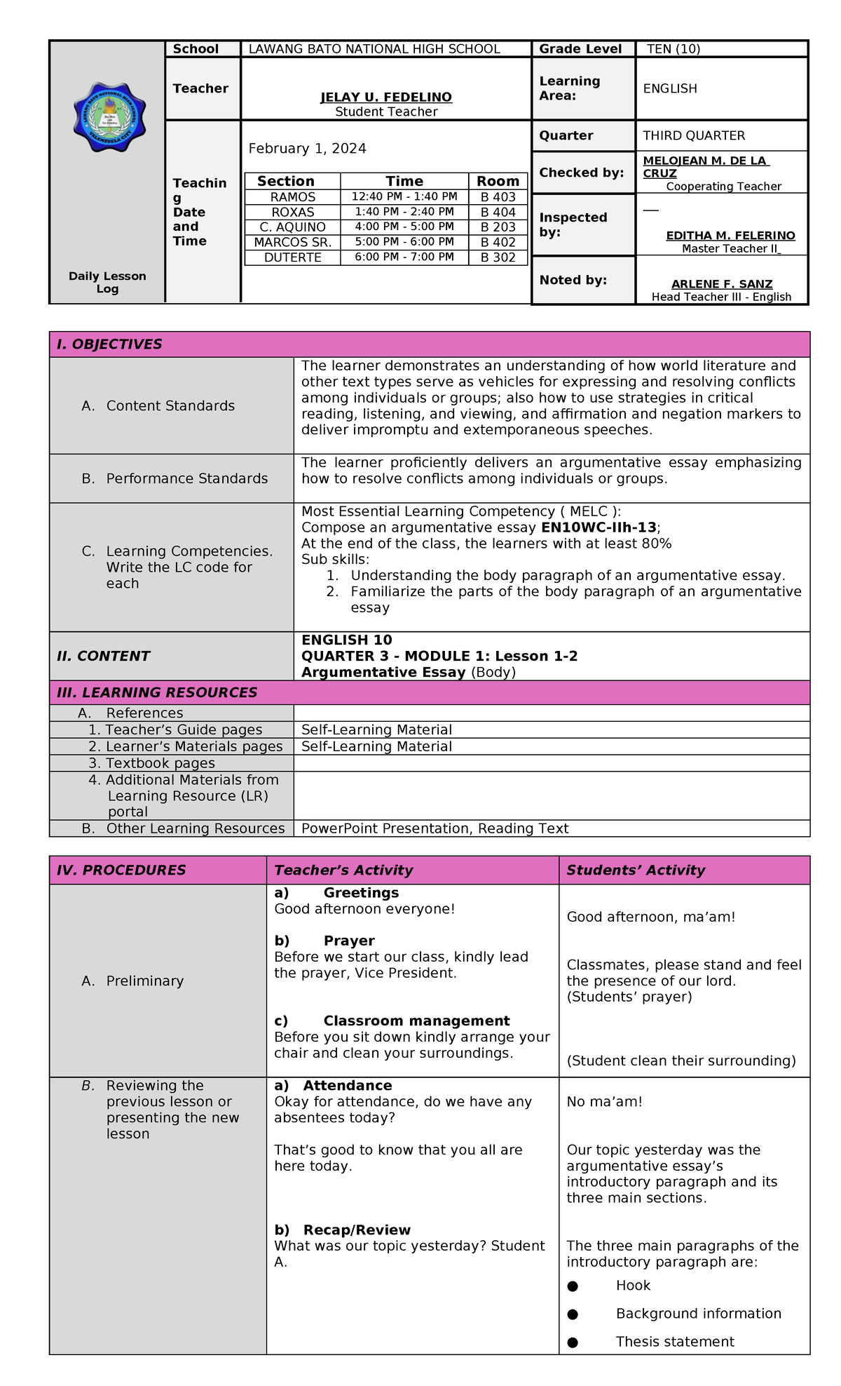 Day 2 lesson 1-2 - School Paper - Daily Lesson Log School LAWANG BATO ...