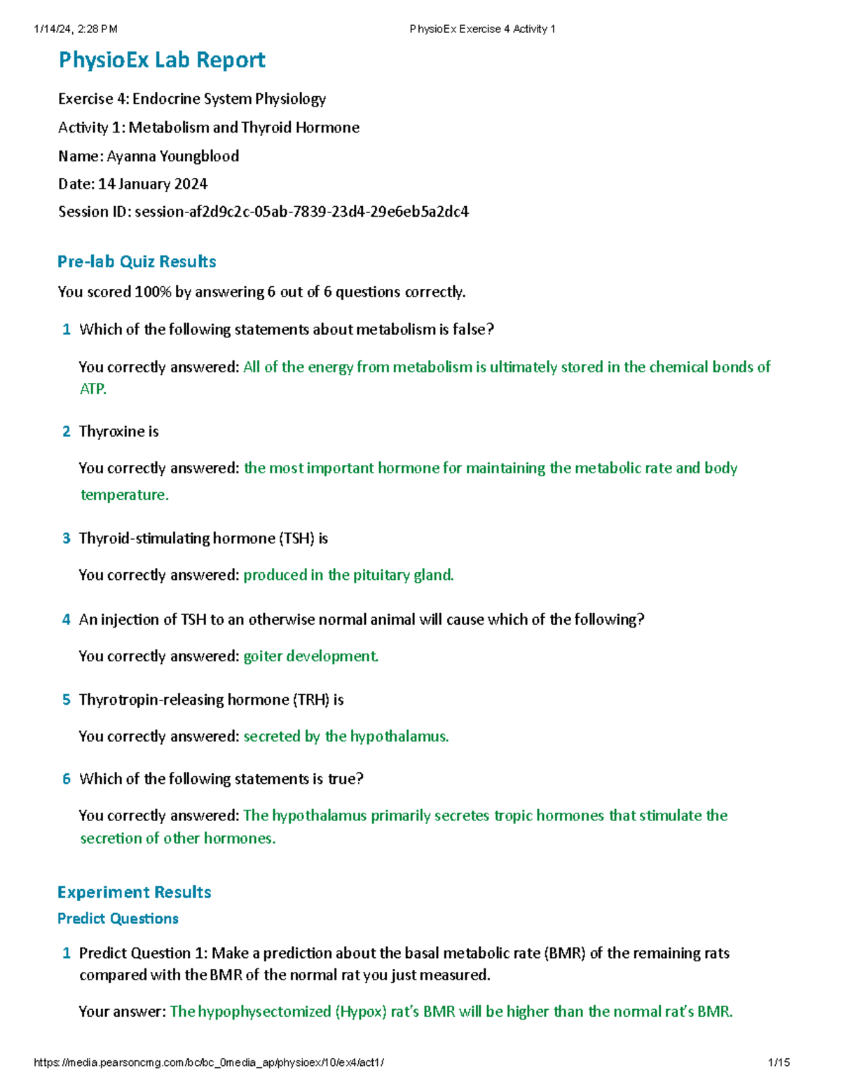 Copy of Endocrine Activity 1 - PhysioEx Lab Report Exercise 4 ...