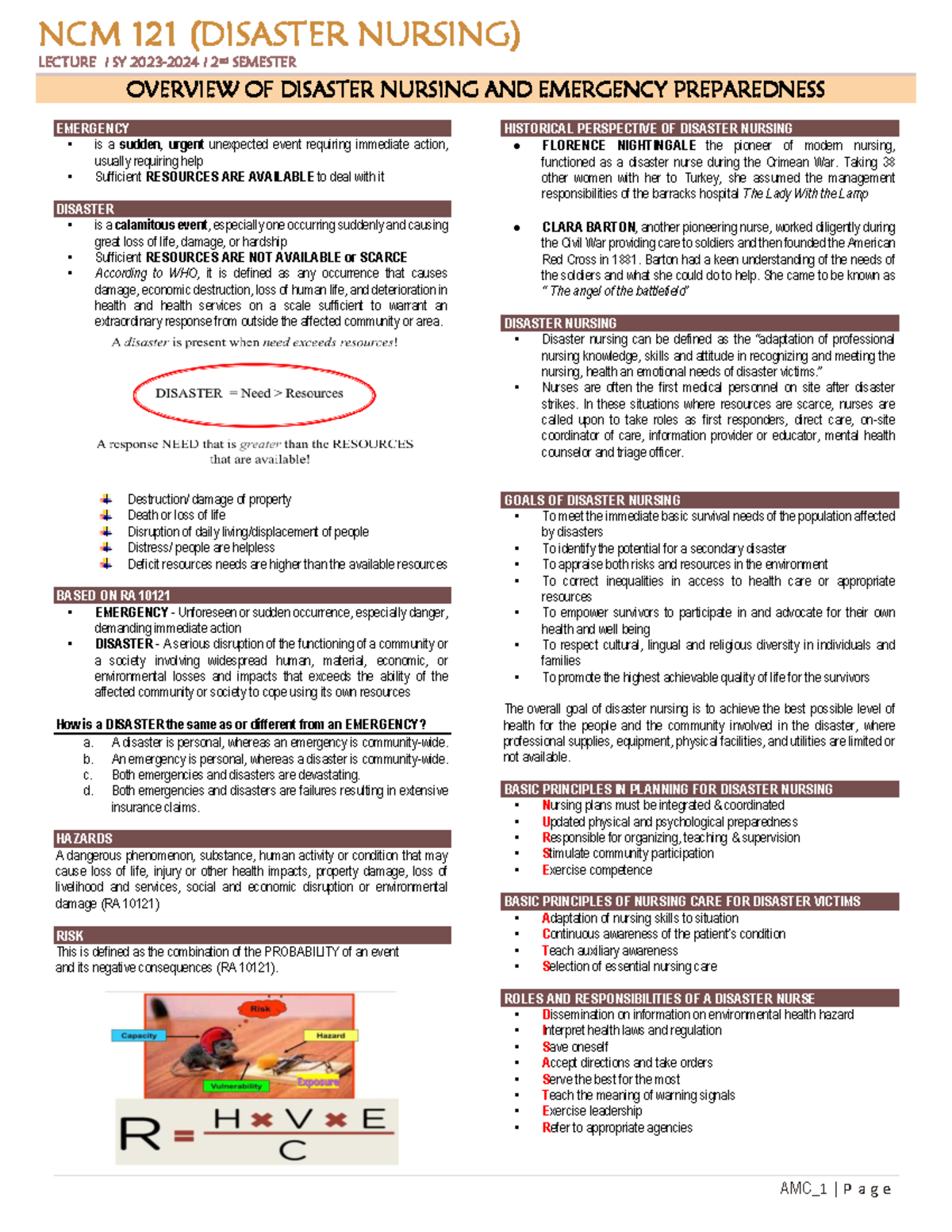 NCM 121 - Disaster Nursing LEC (Complete) - EMERGENCY • is a sudden ...