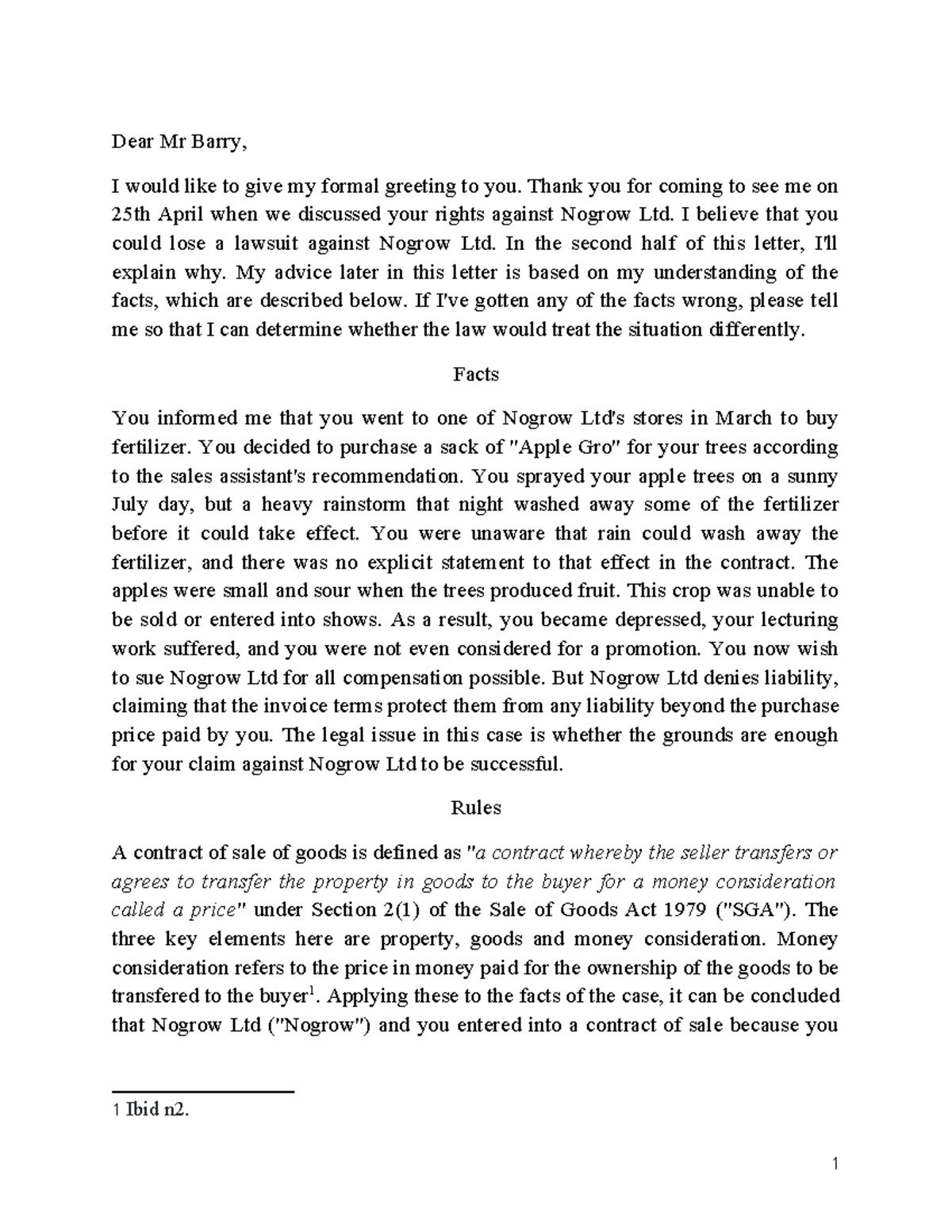 Legal Memorandum - Dear Mr Barry, I would like to give my formal ...