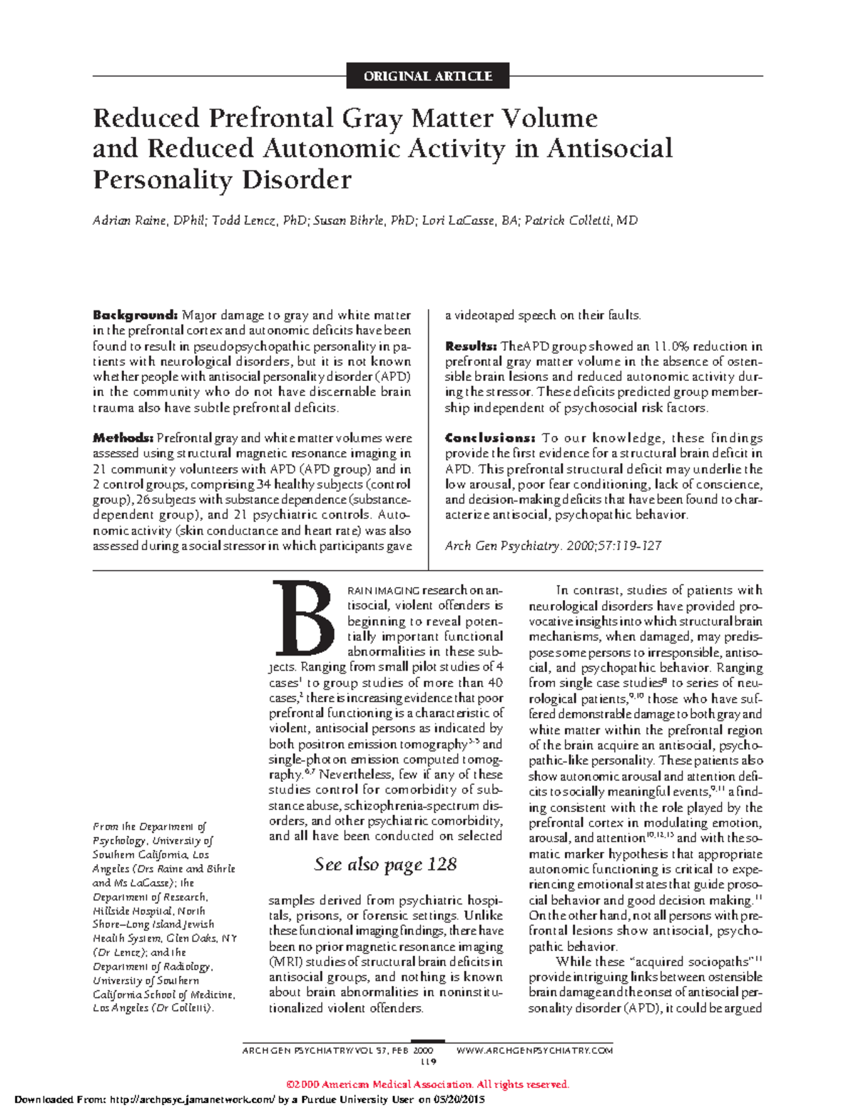 Raine 2000 - Reduced Prefrontal Grey Matter Volume and Reduced Autonomic Activity in Antisocial ...