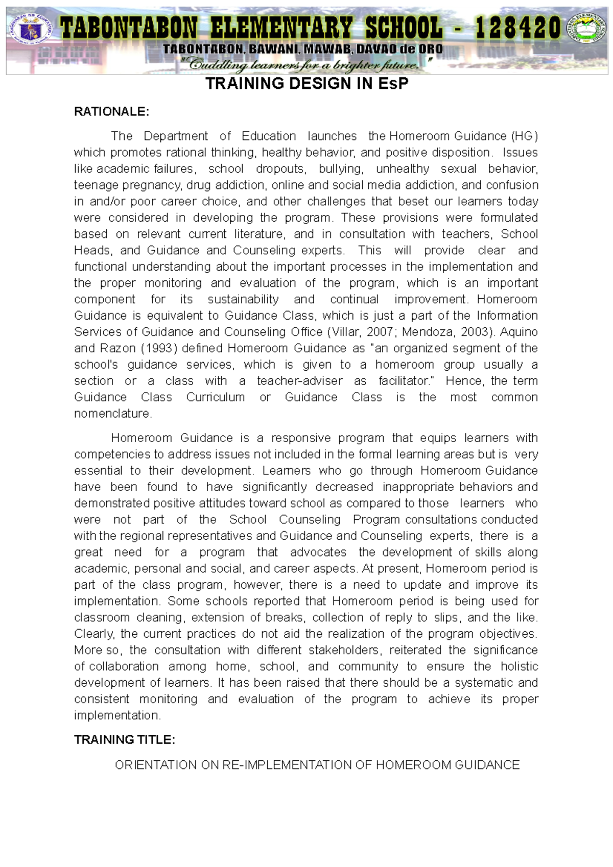 ESP Training Design -homeroom guidance - TRAINING DESIGN IN EsP ...