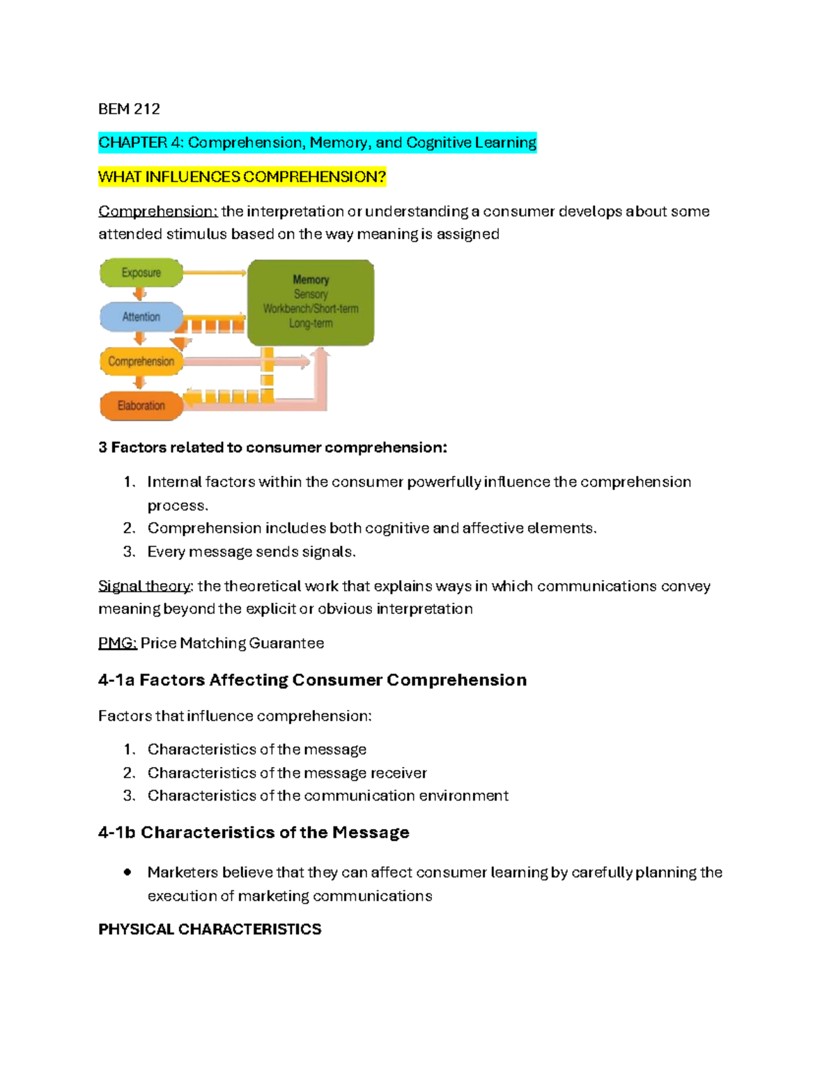 *BEM 212 Chapter 4 - Summary Consumer behavior - BEM 212 CHAPTER 4: Comprehension, Memory, and ...