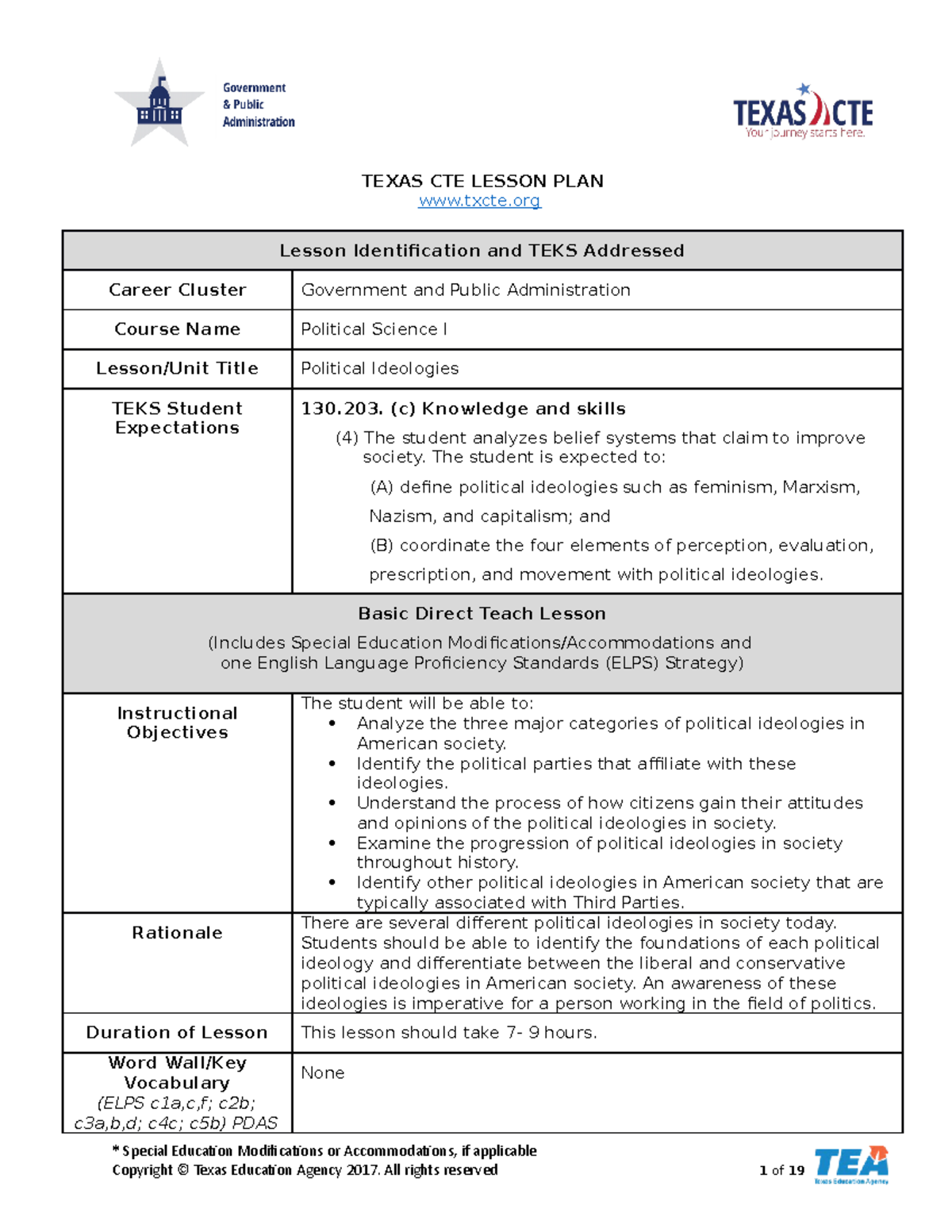 Lesson Plan Political Ideology 0 - TEXAS CTE LESSON PLAN txcte Lesson ...