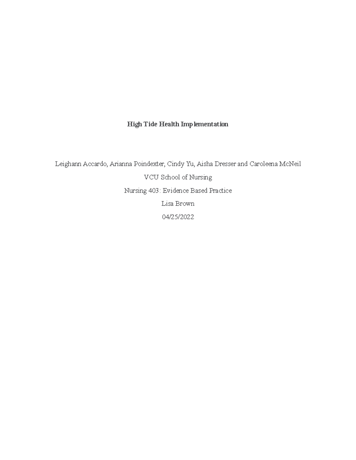 High Tide Health Implementation - High Tide Health Implementation ...