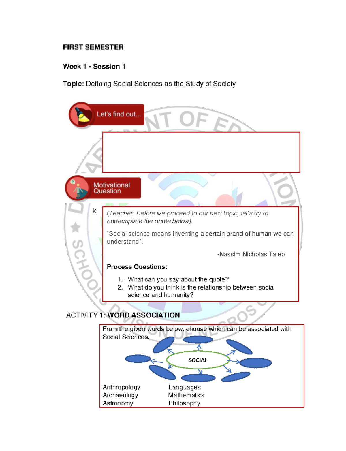 DISS - LECTURE NOTES - FIRST SEMESTER Week 1 - Session 1 Topic ...