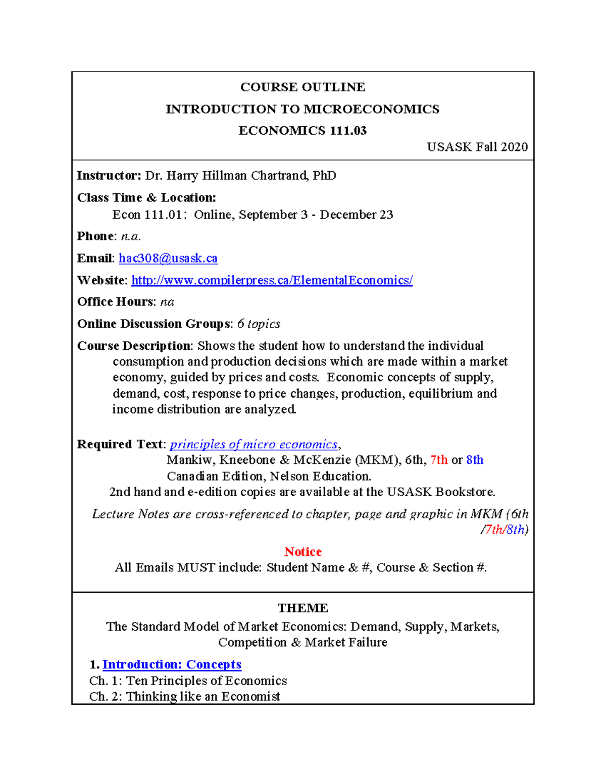 Economics 111 - syllabus - COURSE OUTLINE INTRODUCTION TO ...
