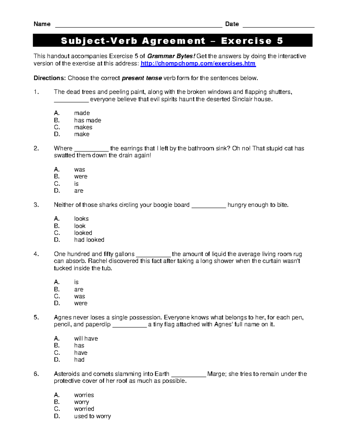 Subject-Verb Quiz (worksheet) - Name Date S u b j e c t - V e r b A g r ...