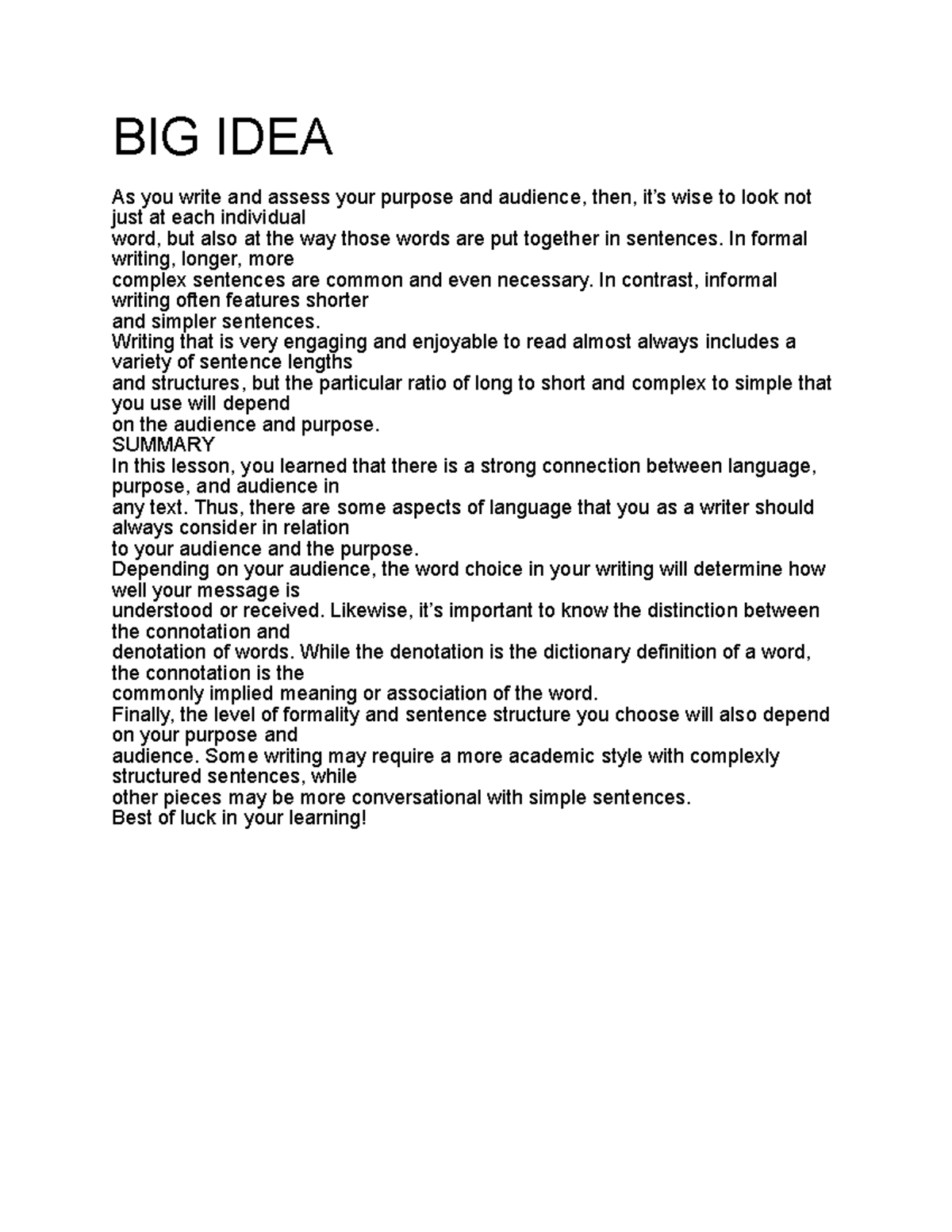 BIG IDEA - Composition I - BIG IDEA As you write and assess your ...