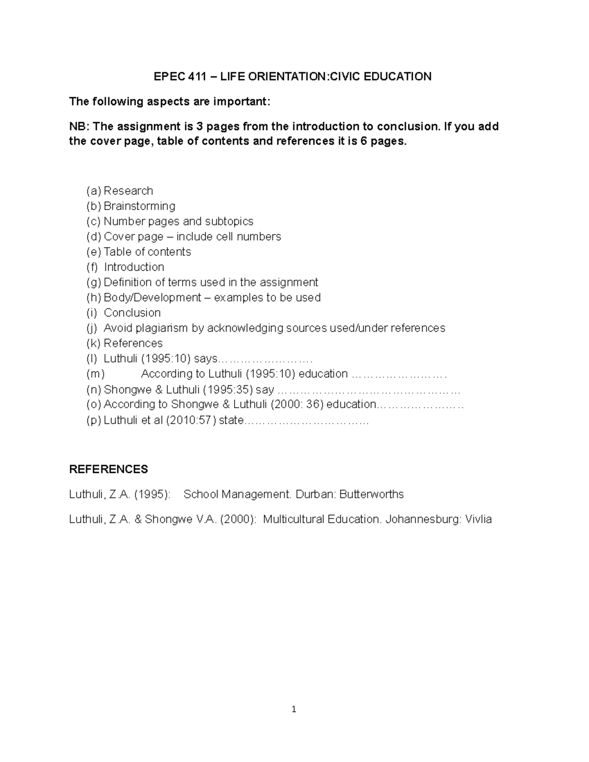 HOW TO Write AN Assignment EPEC 411 - EPEC 411 – LIFE ORIENTATION:CIVIC ...