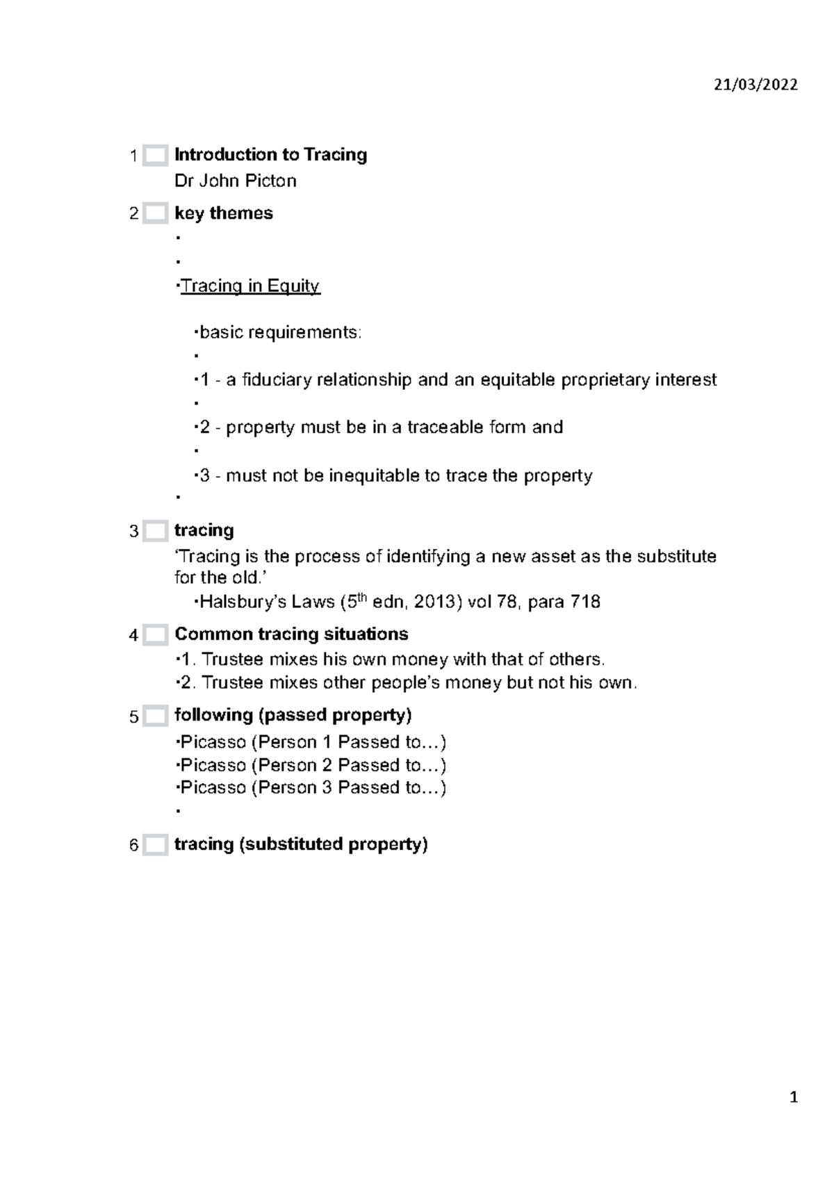 Tracing - 21/03/ 1 Introduction to Tracing Dr John Picton key themes Tracing in Equity basic ...