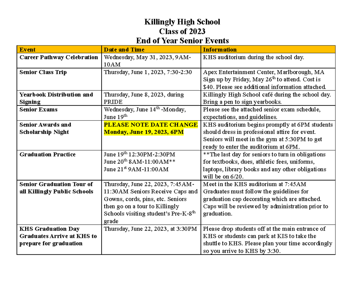 Class of 2023 Upcoming Events and Information. - Killingly High School Class of 2023 End of Year ...