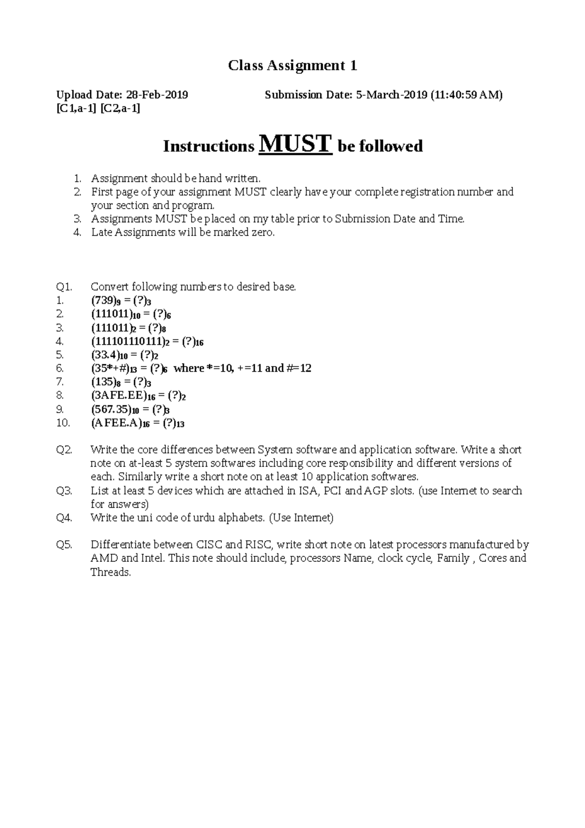 Assignment 1 class - Class Assignment 1 Upload Date: 28-Feb-2019 Submission Date: 5-March-2019 ...