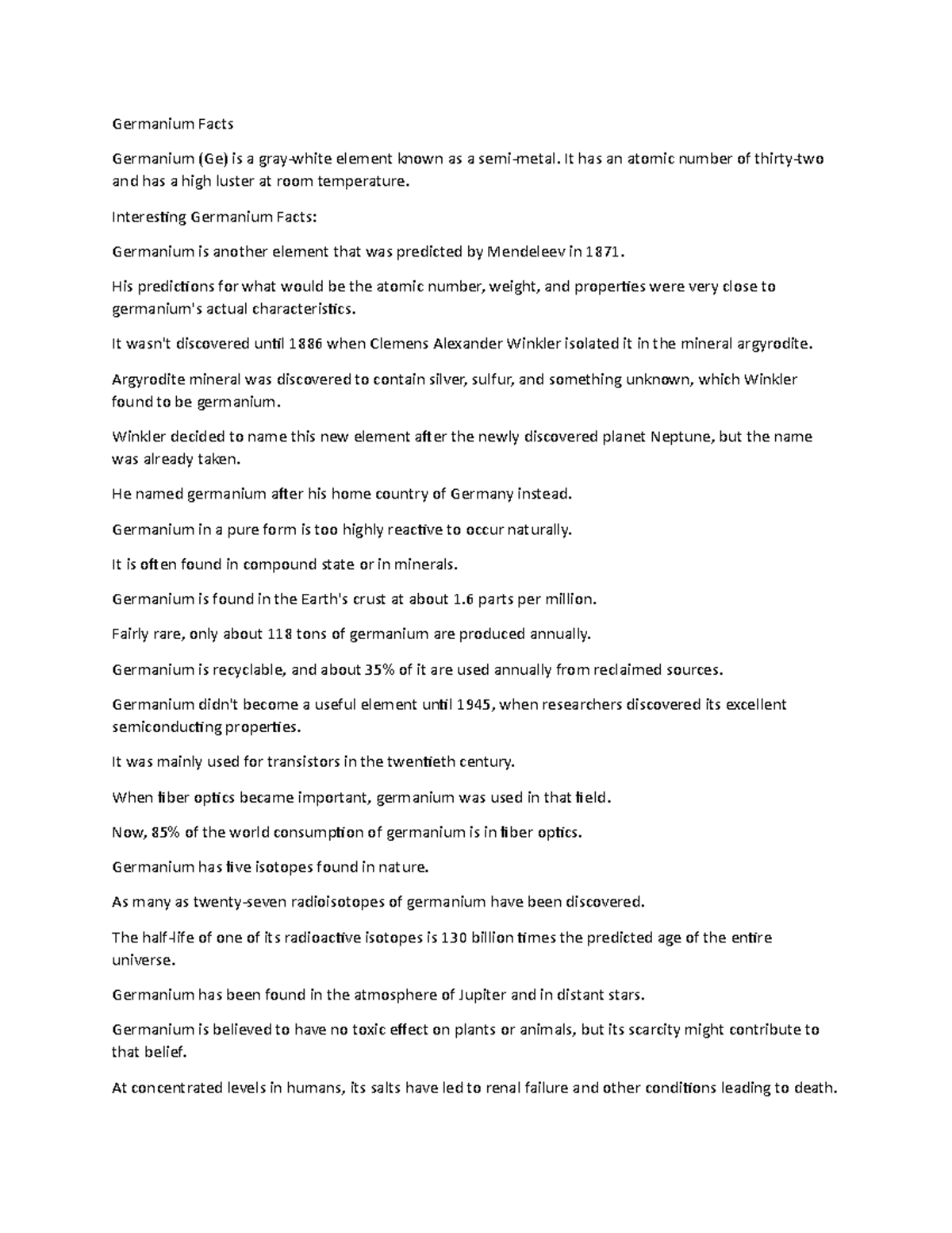 Germanium Facts - Lecture notes 10 - Germanium Facts Germanium (Ge) is ...