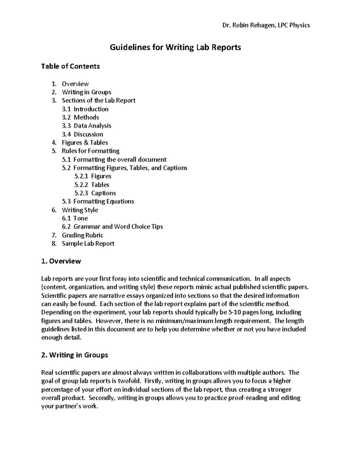 Lab Report Guidelines Rehagen - Dr. Robin Rehagen, LPC Physics ...