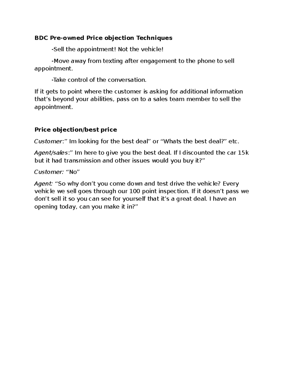 BDC techniques scripts - BDC Pre-owned Price objection Techniques -Sell the appointment! Not the ...