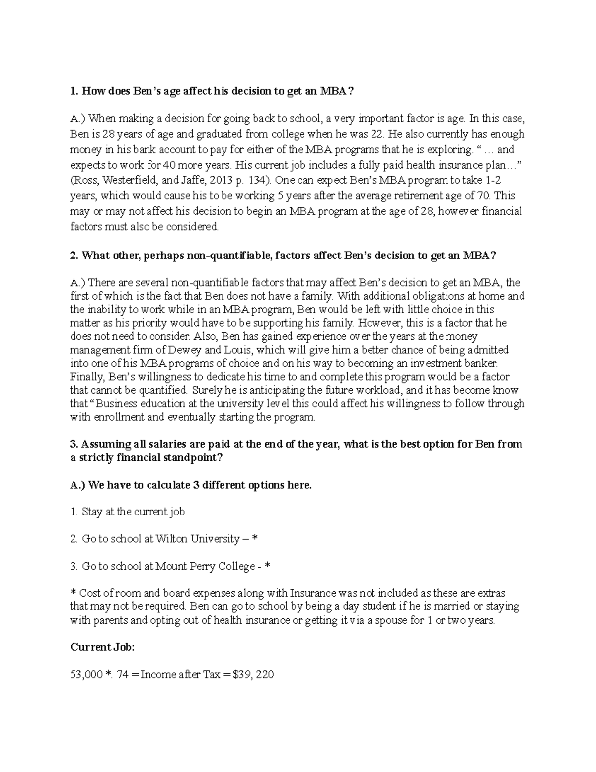 Case study The MBA decision at the end of the corporate finance book ...