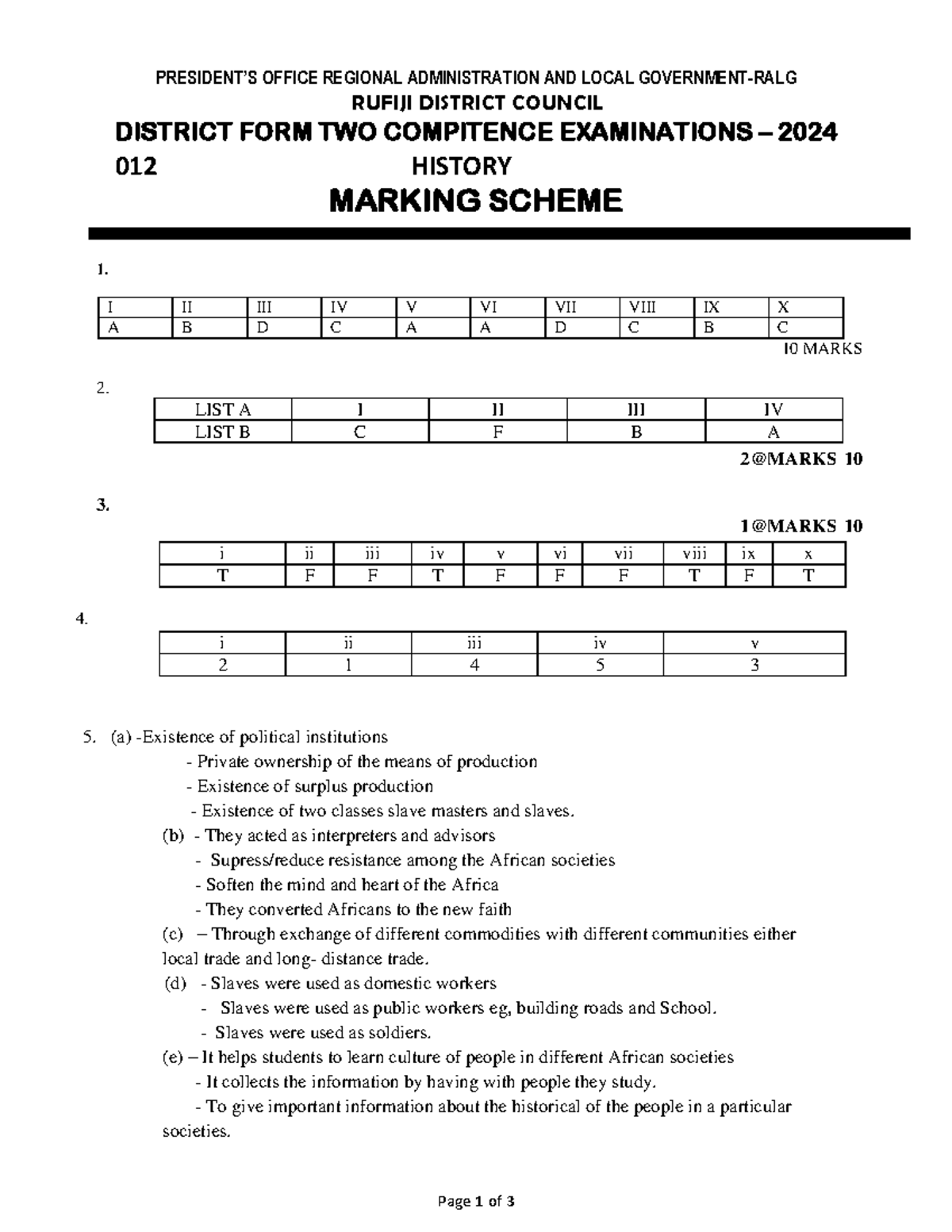 History FORM TWO Competence Marking Scheme 2024 - Page 1 of 3 PRESIDENT ...
