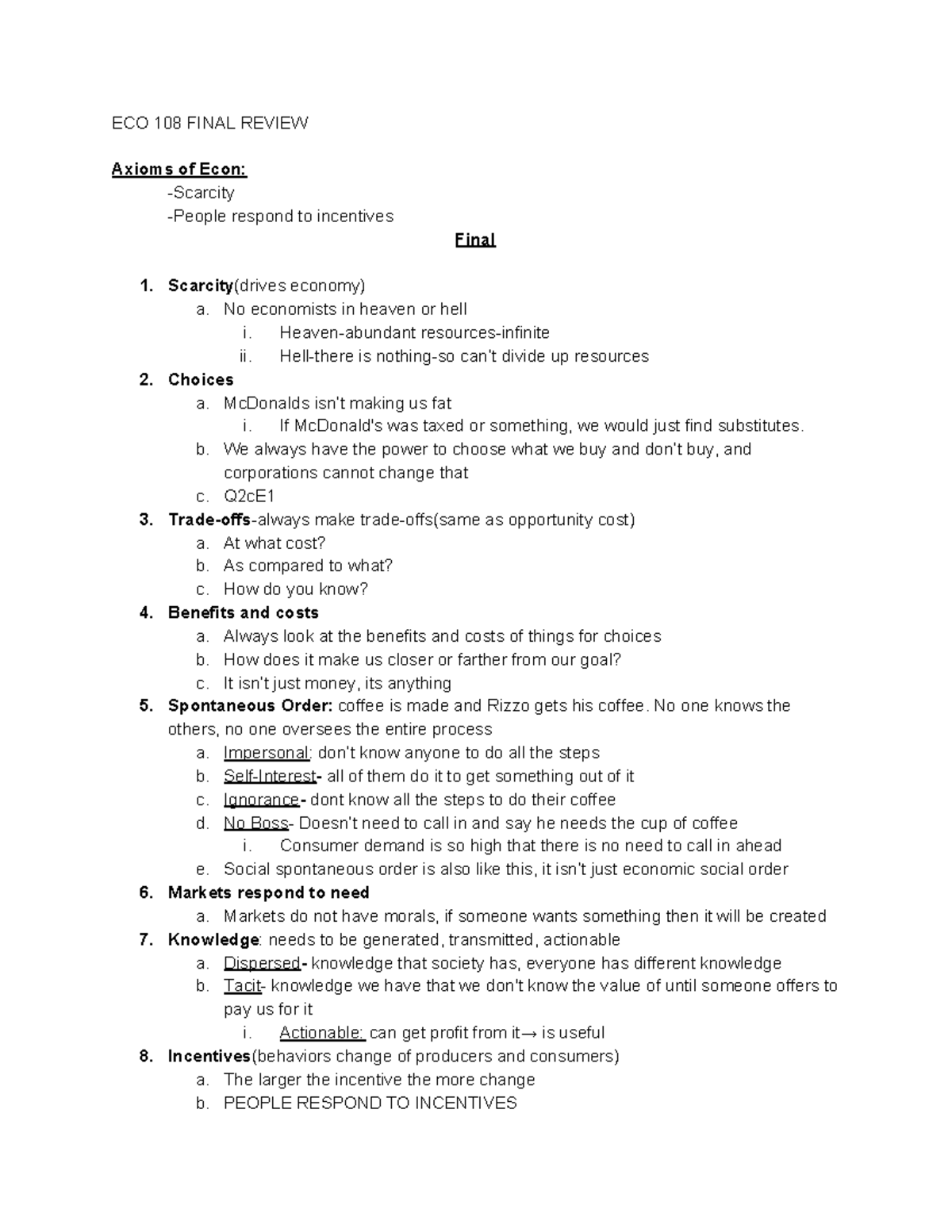 Econ Final Review copy - ECO 108 FINAL REVIEW Axioms of Econ: -Scarcity ...