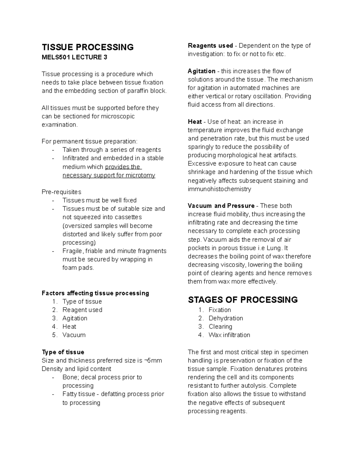 Tissue Processing - TISSUE PROCESSING MELS501 LECTURE 3 Tissue ...