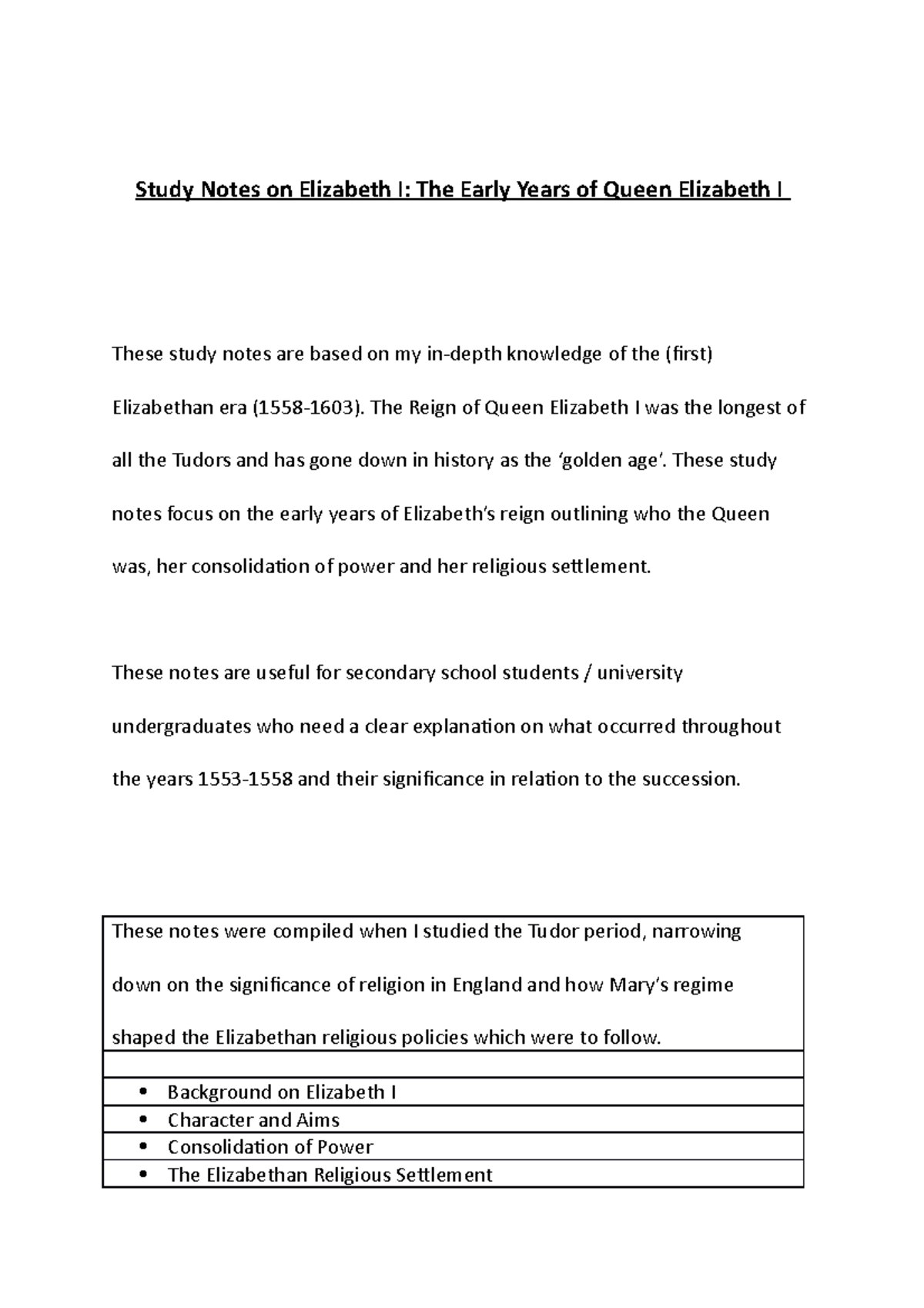 The early years of queen elizabeth i - Study Notes on Elizabeth I: The ...