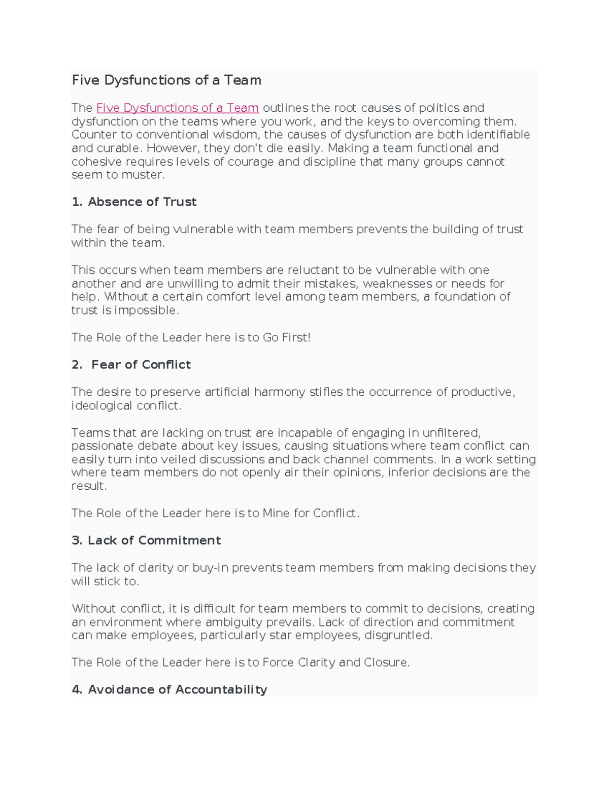 Dysfunctional Teams and Groups - Five Dysfunctions of a Team The Five ...